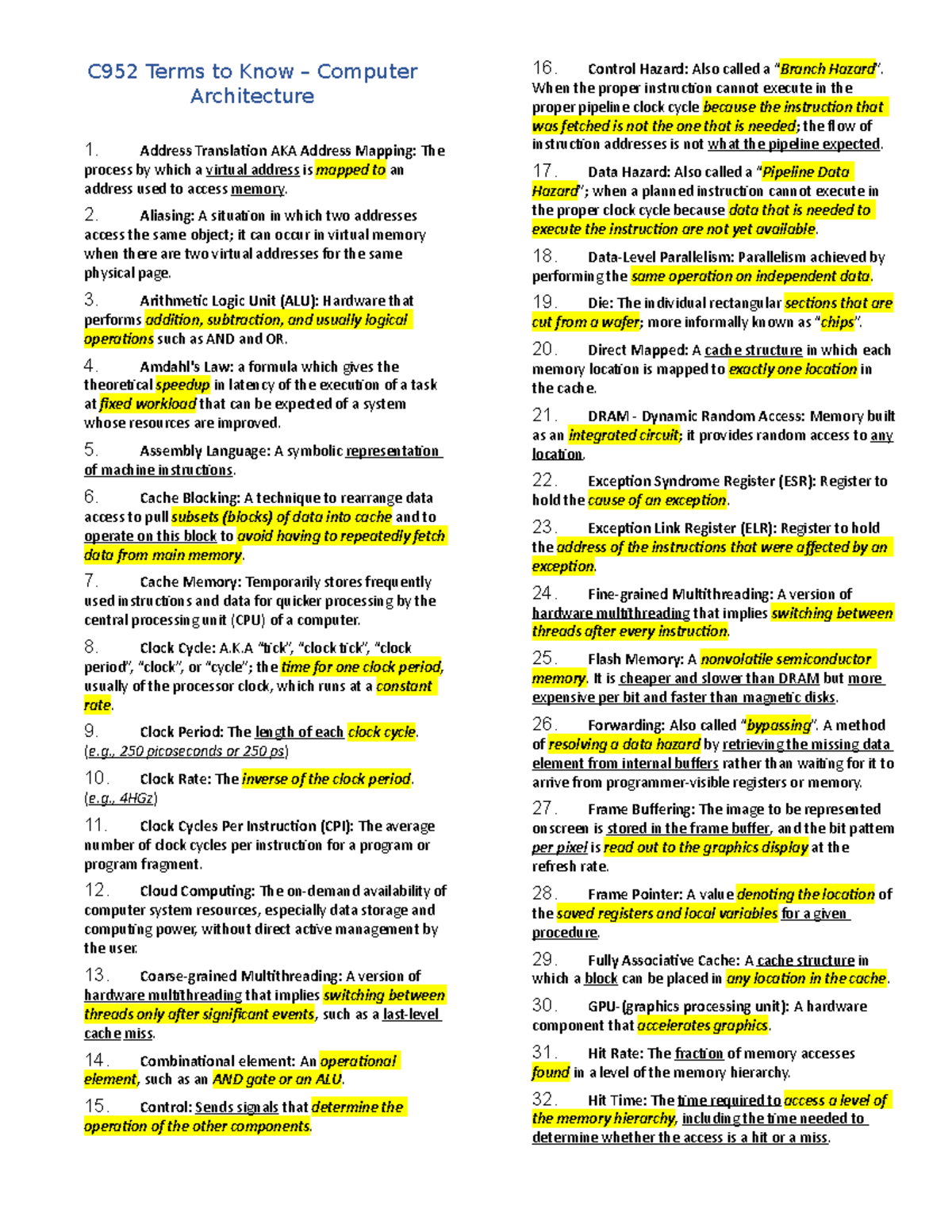 Terms to Know Alphabetized - C952 Terms to Know – Computer Architecture ...