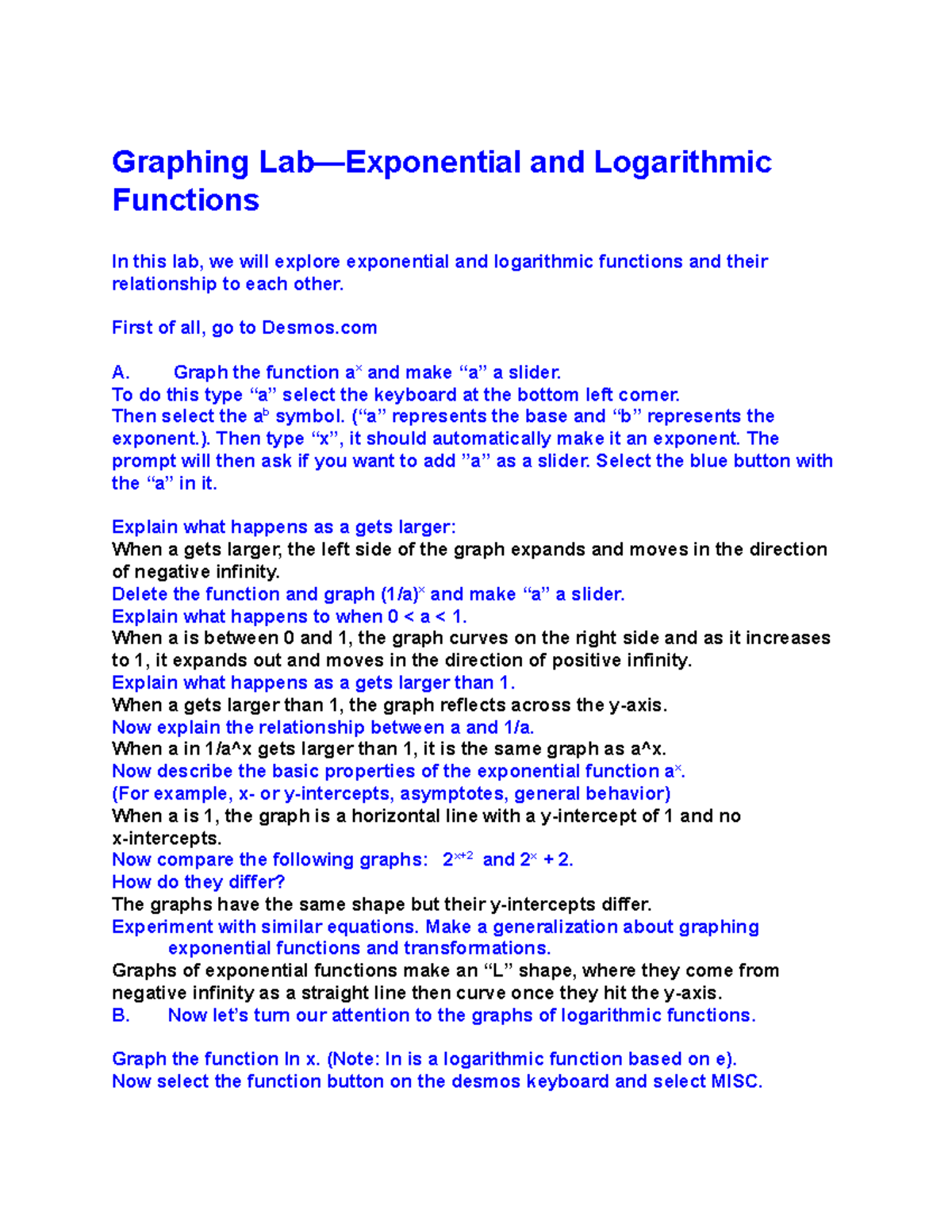 Exponential and Logarithmic Graphs Lab - Graphing Lab—Exponential and ...