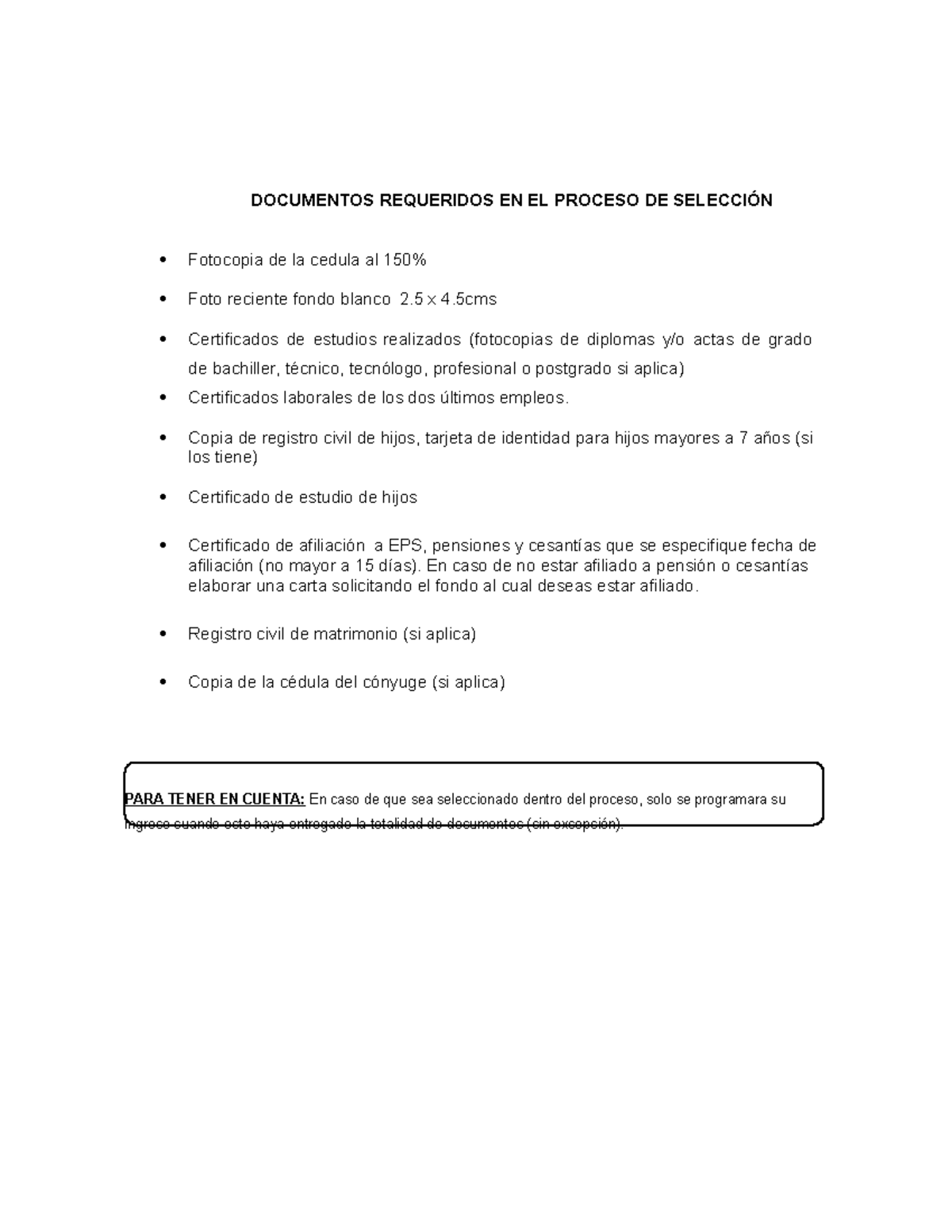 Documentos requeridos - Proceso de Seleccion - DOCUMENTOS REQUERIDOS EN ...
