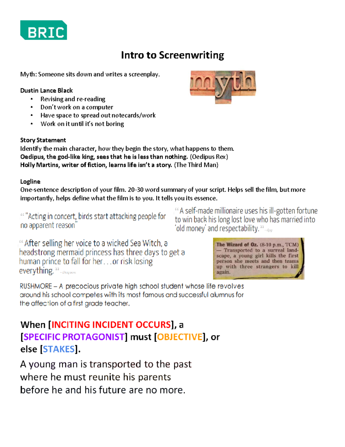 Screenwriting packet - Intro to Screenwriting Myth: Someone sits down ...