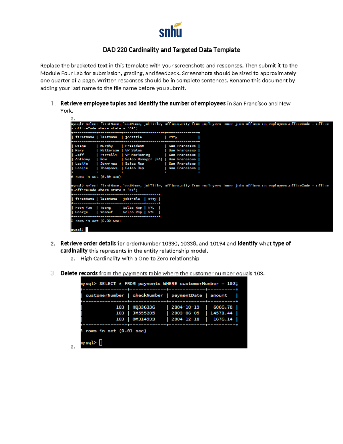 DAD 220 Cardinality and Targeted Data - Then submit it to the Module ...