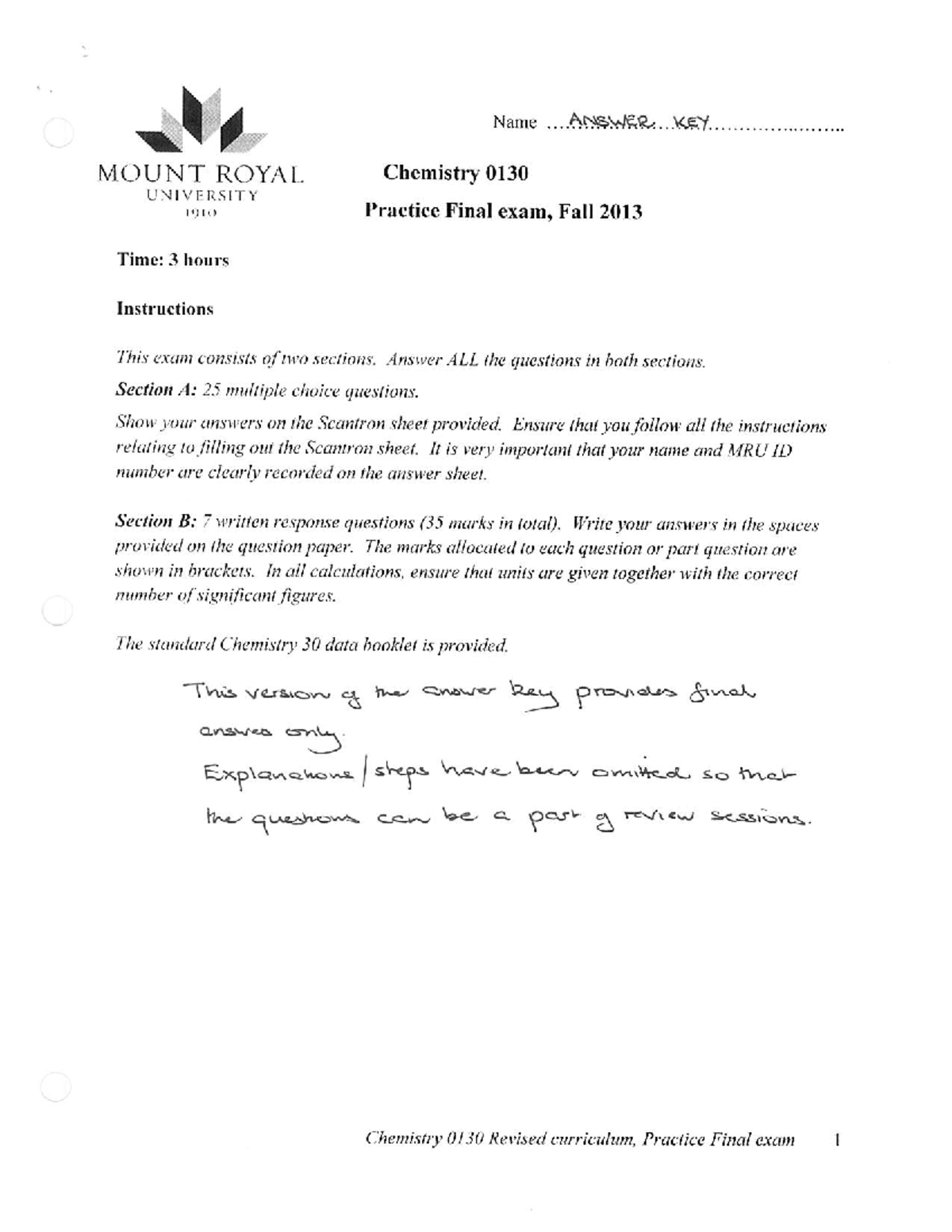 Chemistry 0130 revised curriculum practice exam key(1) - Chem 0130 - Studocu