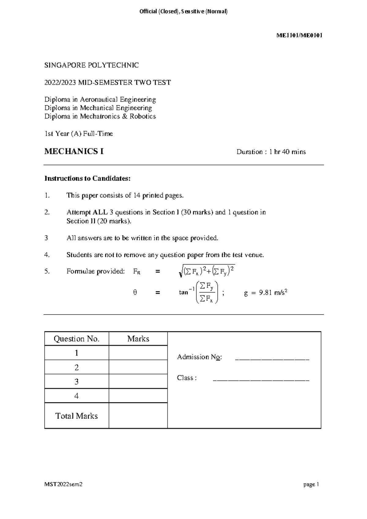 MST-ME1101-2022sem 2-Question & Answer - ME1101/ME MST2022sem2 page 1 ...