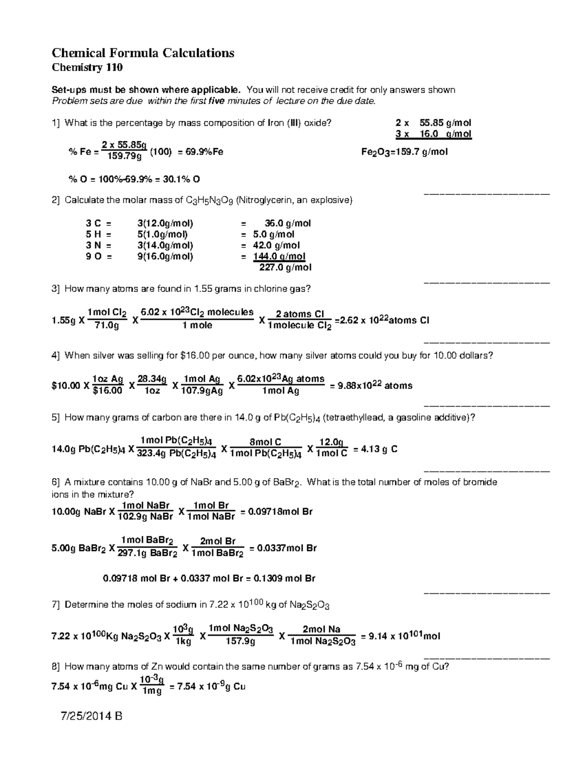 Chemical Formula Calculations - Answers - 7/25/2014 B Chemical Formula ...