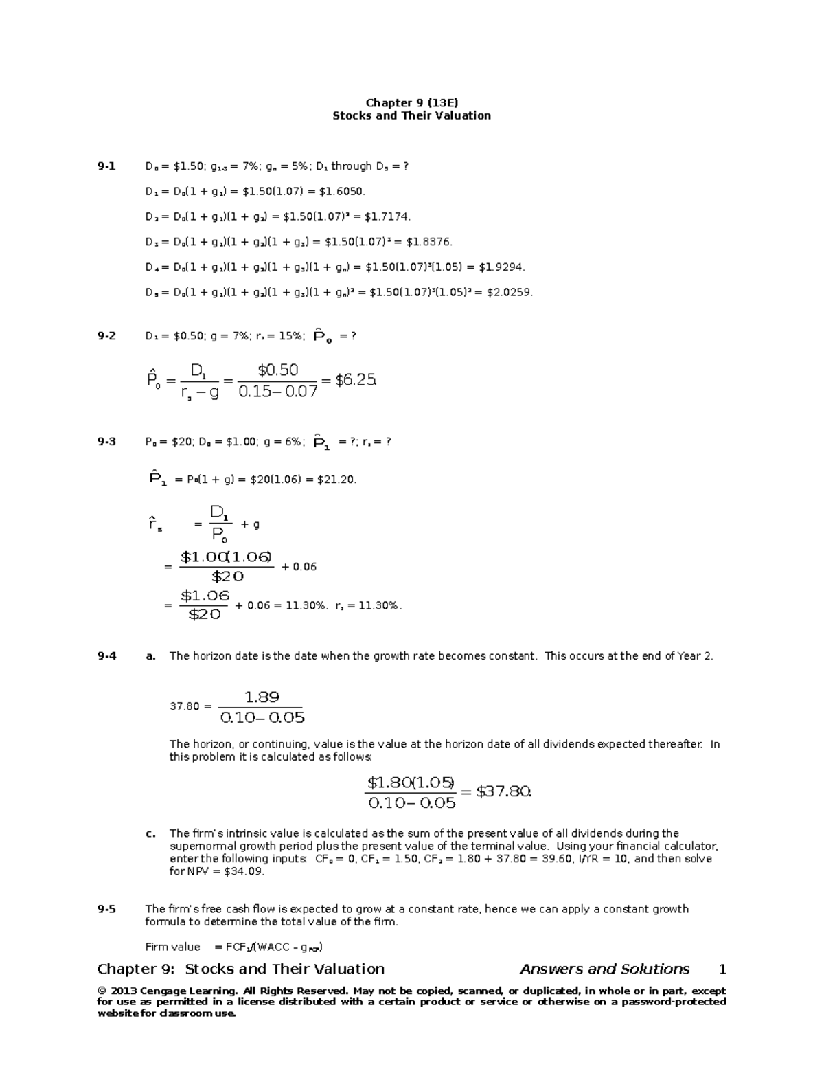 Stock Valuation - Chapter 9 (13E) Stocks and Their Valuation 9-1 D 0 ...
