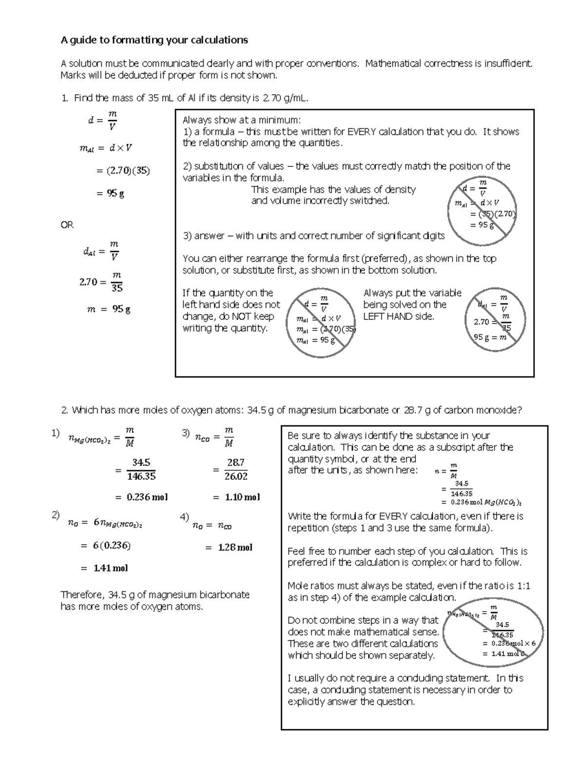 Unit 4 Chemical Calculations - A guide to formatting your calculations ...