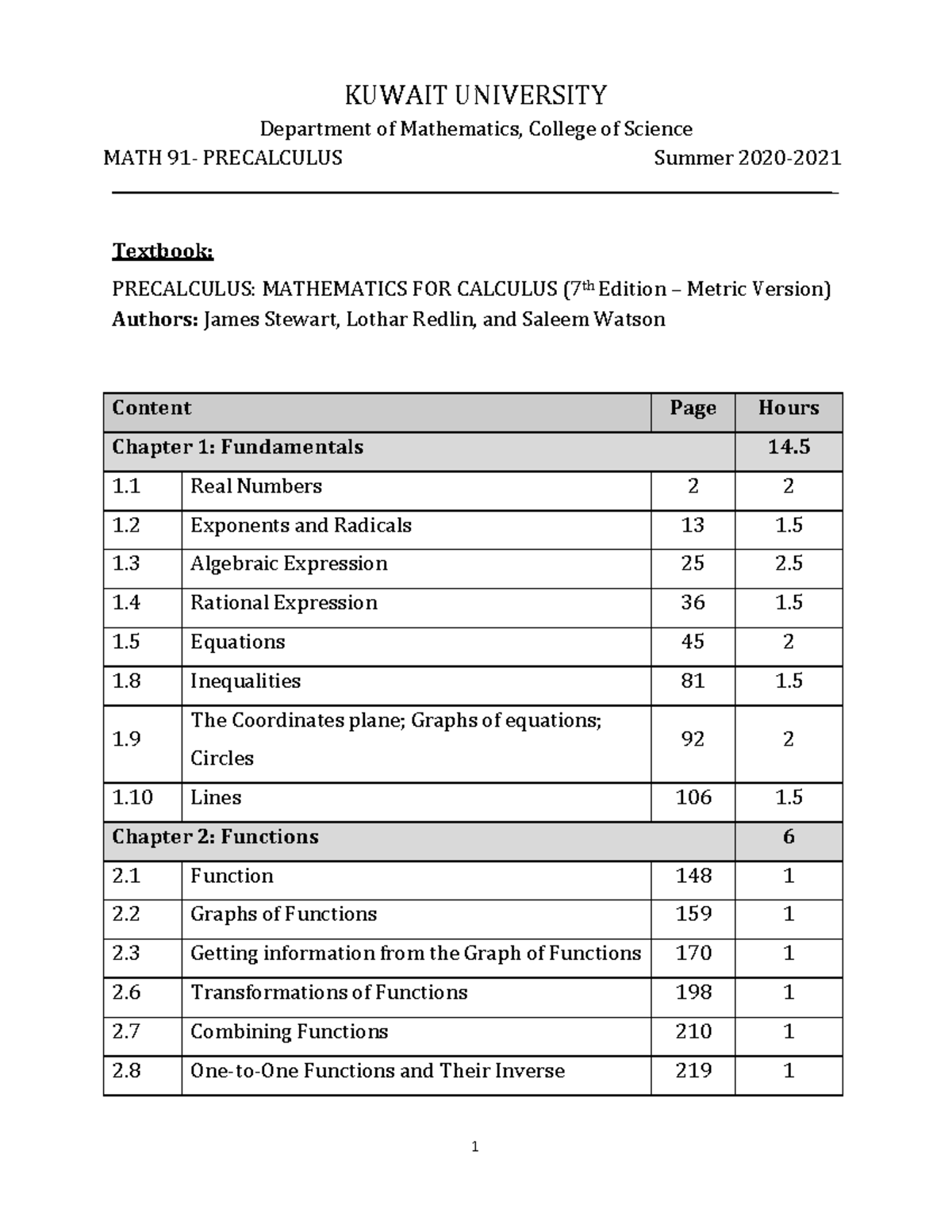 Math 91 Syllabus - Summer 2020-2021 (1)- KUWAIT UNIVERSITY Department ...