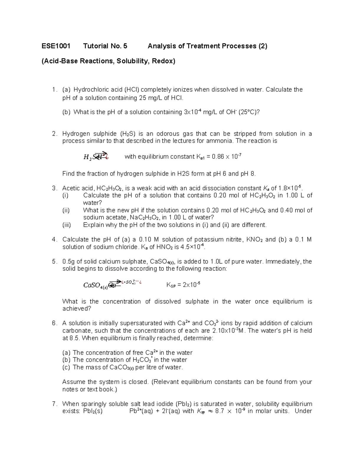 ESE1001 Tutorial No 5 - 5 Analysis of Treatment Processes (2) (Acid ...