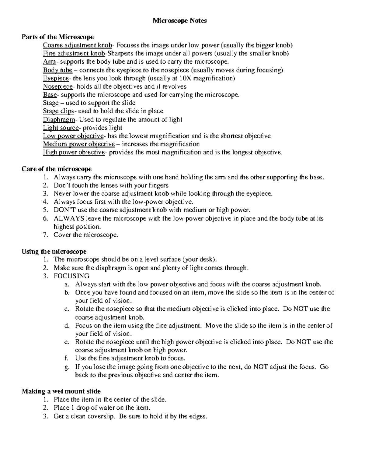 Microscope Notes - Microscope Notes Parts of the Microscope Coarse ...