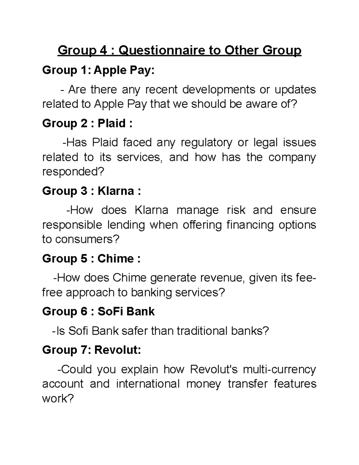 Group 4 Questionnaire to other groups - Group 4 : Questionnaire to ...