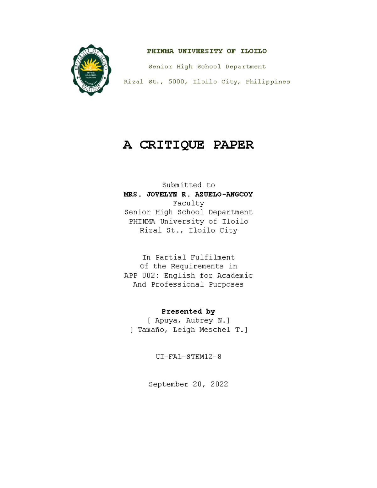 Critque-Paper - NO ANSWER - A CRITIQUE PAPER Submitted to MRS. JOVELYN ...