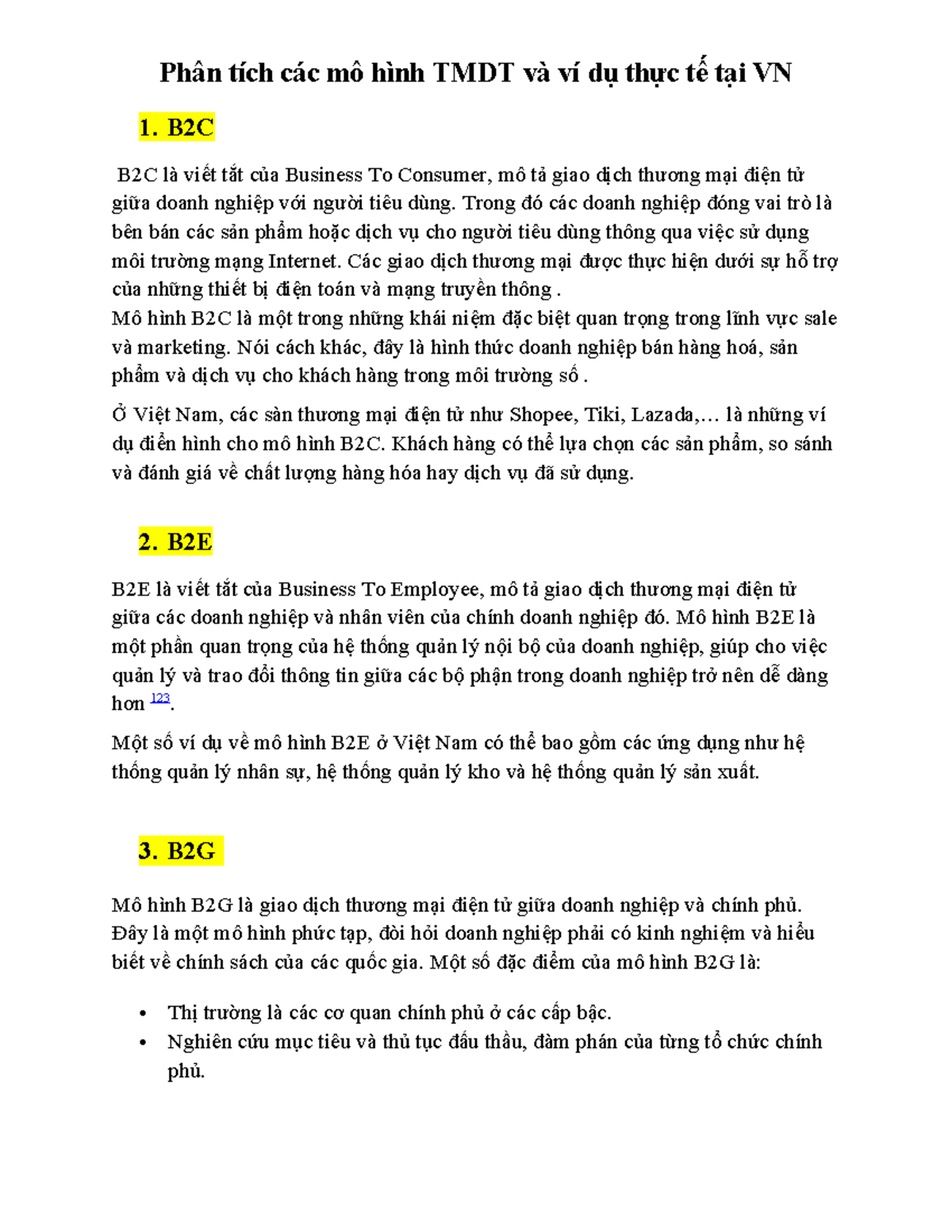 KTS231023 - Phân tích các mô hình TMDT và ví dụ thực tế tại VN - B2C B2C là viết tắt của ...