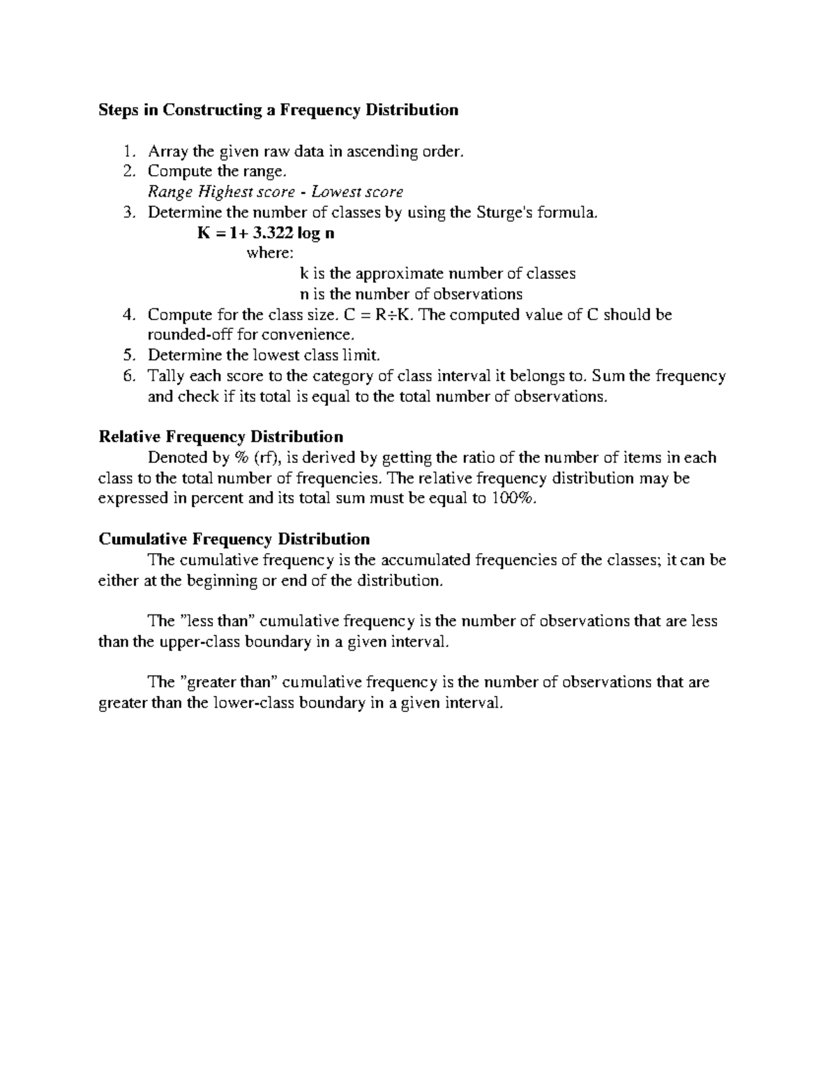 Steps in Constructing a Frequency Distribution - Compute the range ...