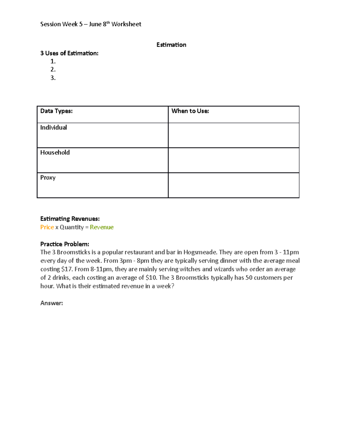 Estimation Worksheet - Session Week 5 – June 8th Worksheet Estimation 3 ...