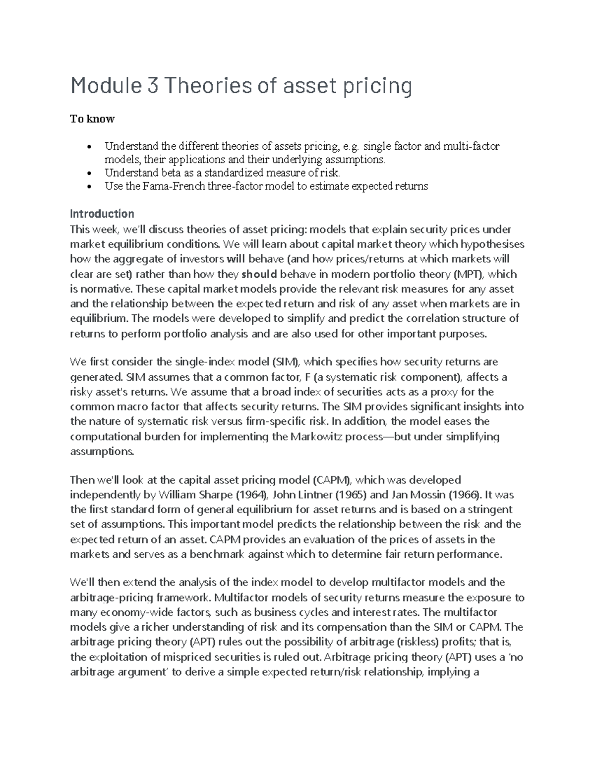Module 3 Theories of asset pricing - Module 3 Theories of asset pricing ...