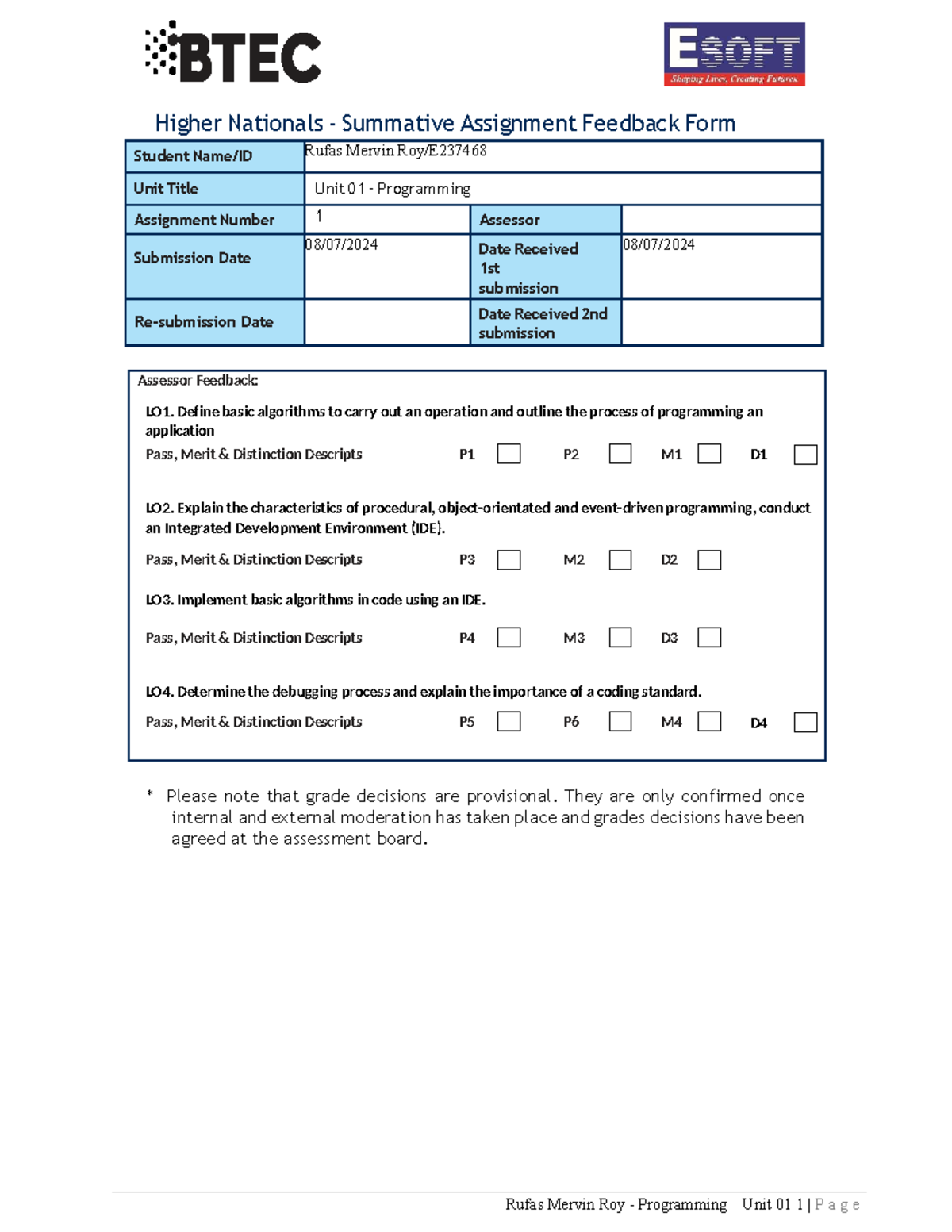 Unit-01 Programming Assignment 2024 - Higher Nationals - Summative Assignment Feedback Form ...