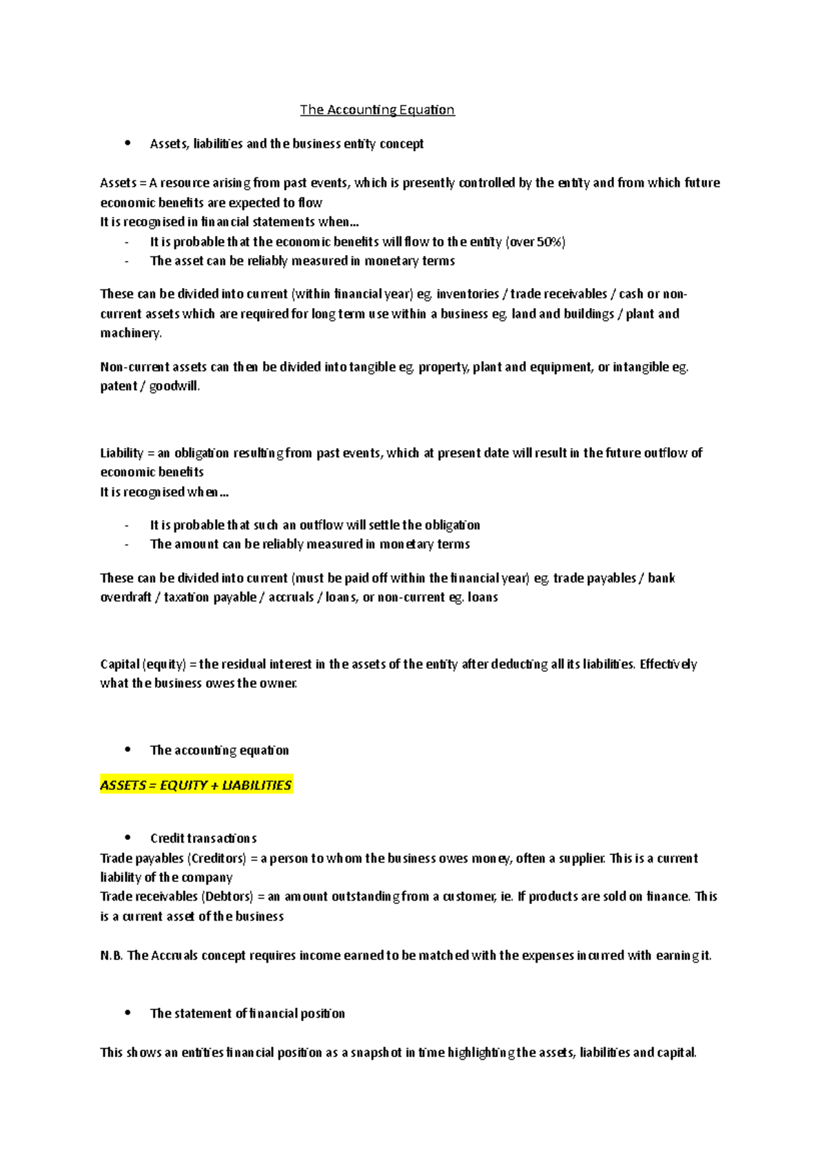 Lecture 2 - The Accounting Equation - The Accounting Equation Assets ...