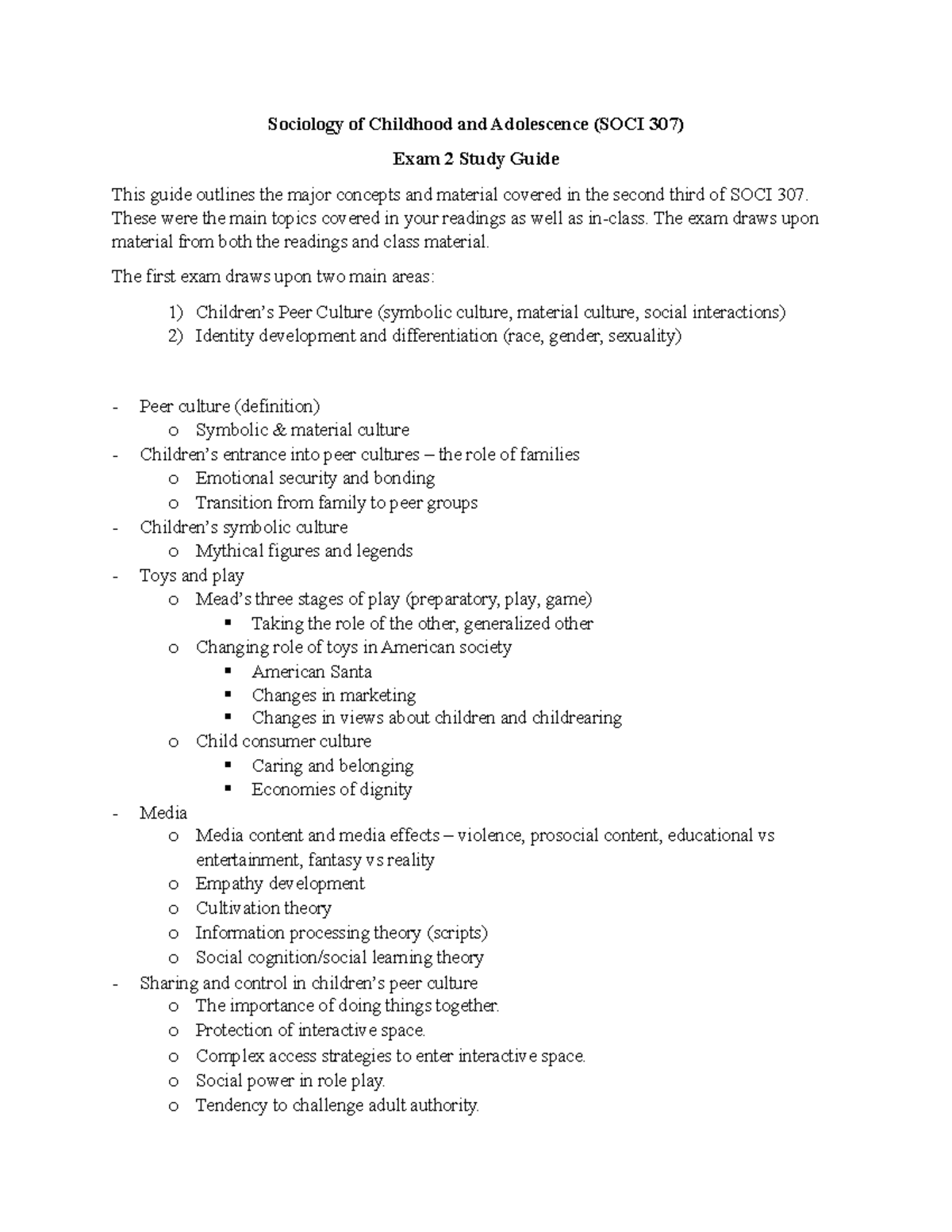 SOCI 307 Study Guide Exam 2 - Sociology of Childhood and Adolescence ...