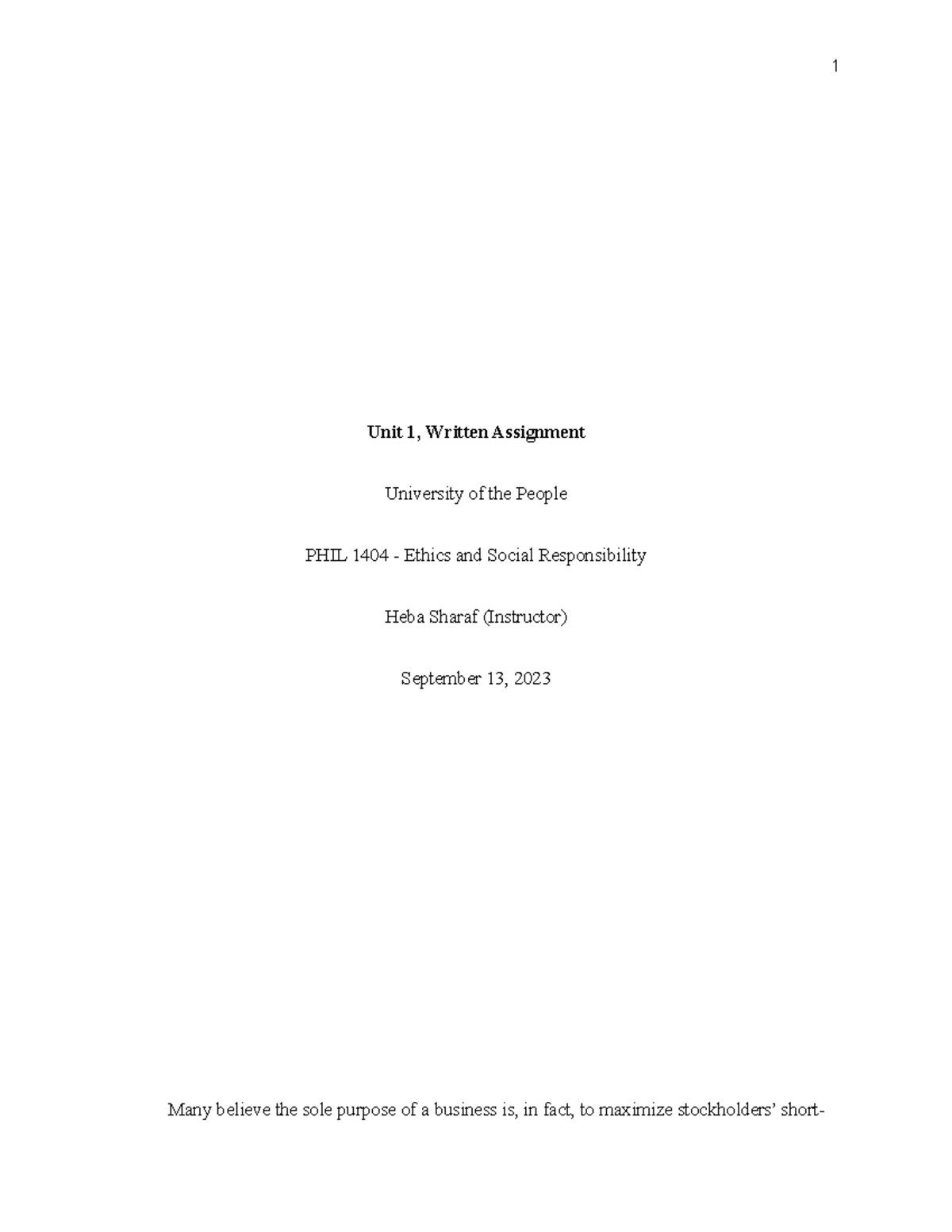 PHIL-1401, Unit 1- Written Assignment - Unit 1, Written Assignment University of the People PHIL ...