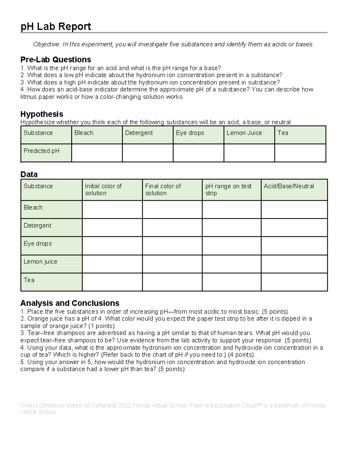 5.06 - Acids & Bases Lab - pH Lab Report Objective: In this experiment ...