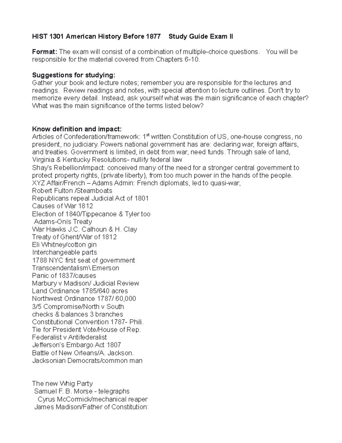 HIST 1301 Exam II review Chapters 6-10 DL - HIST 1301 American History Before 1877 Study Guide ...