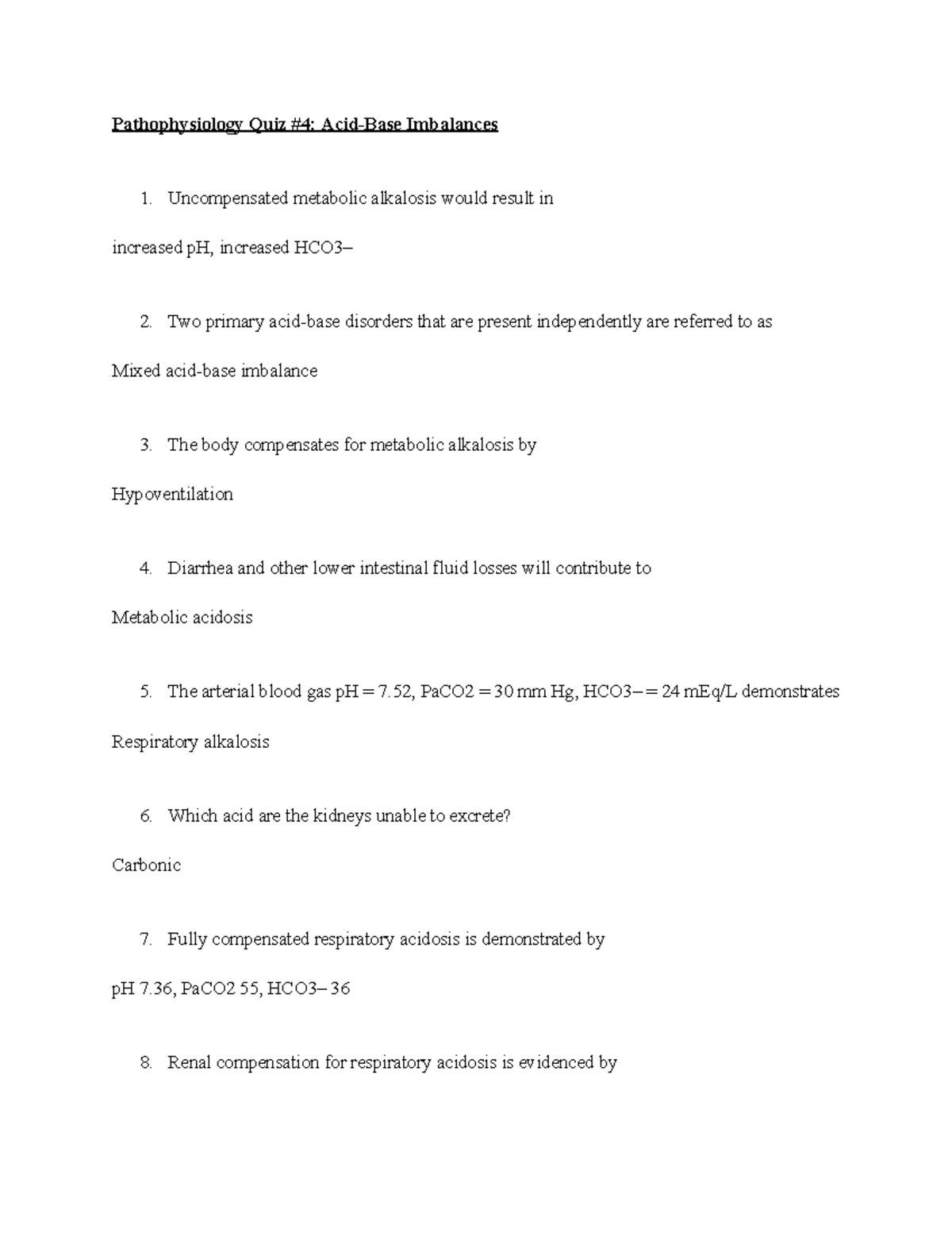 PATHO- Acid-Base Imbalances Quiz 4 - Pathophysiology Quiz #4: Acid-Base ...