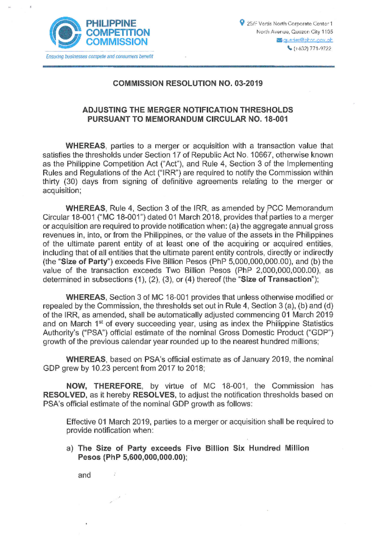 Philippine Competition Comission Resolution 03-2019 - Corporation Law ...