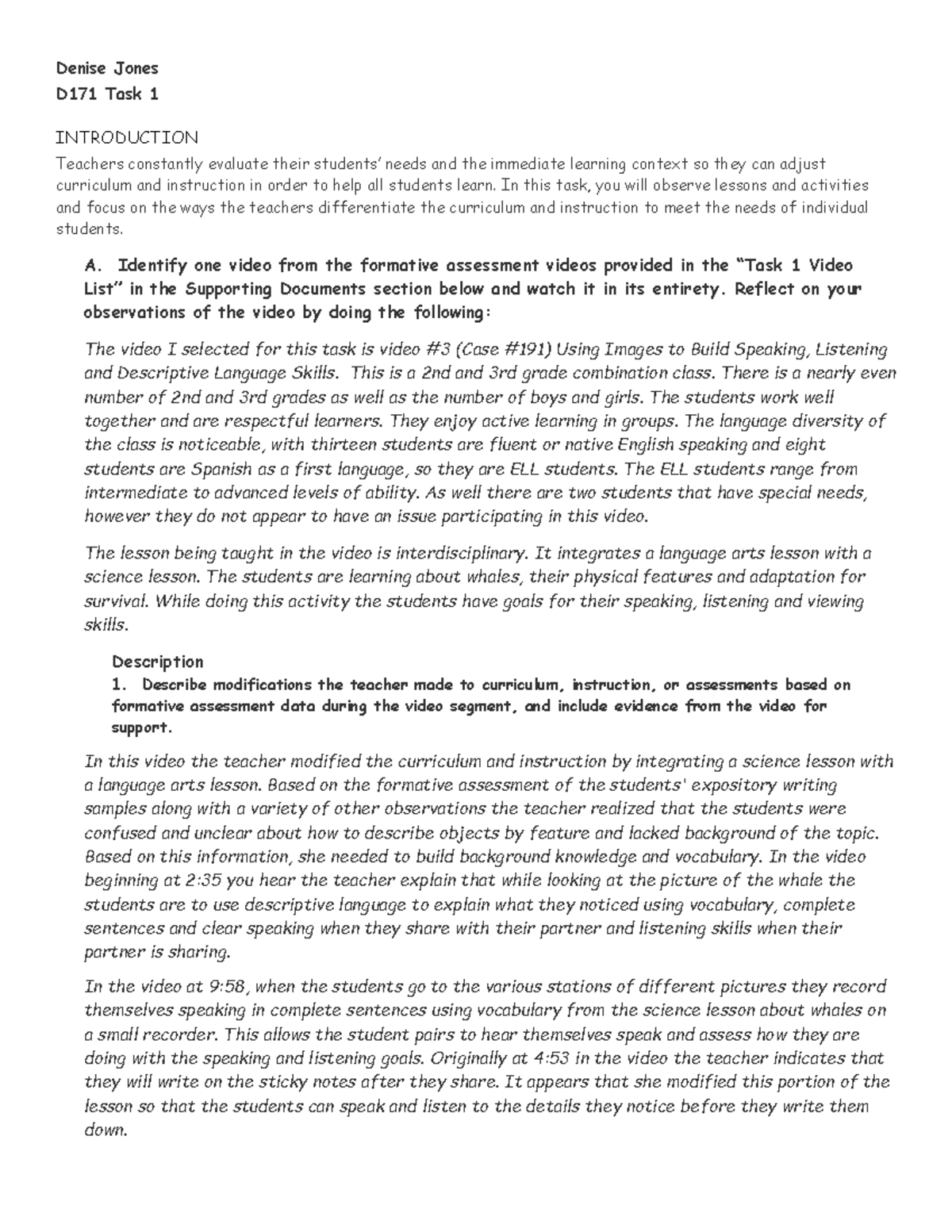 D171 Task 1 Curriculum, Instruction, and Assessment (Differentiating ...
