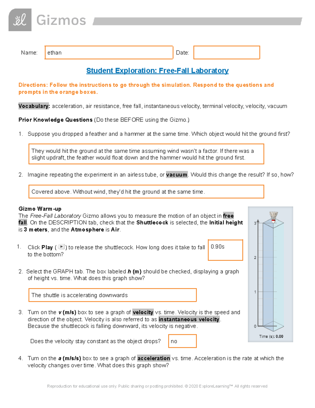 Copy of Free Fall SE - assignment - Name: ethan Date: Student ...