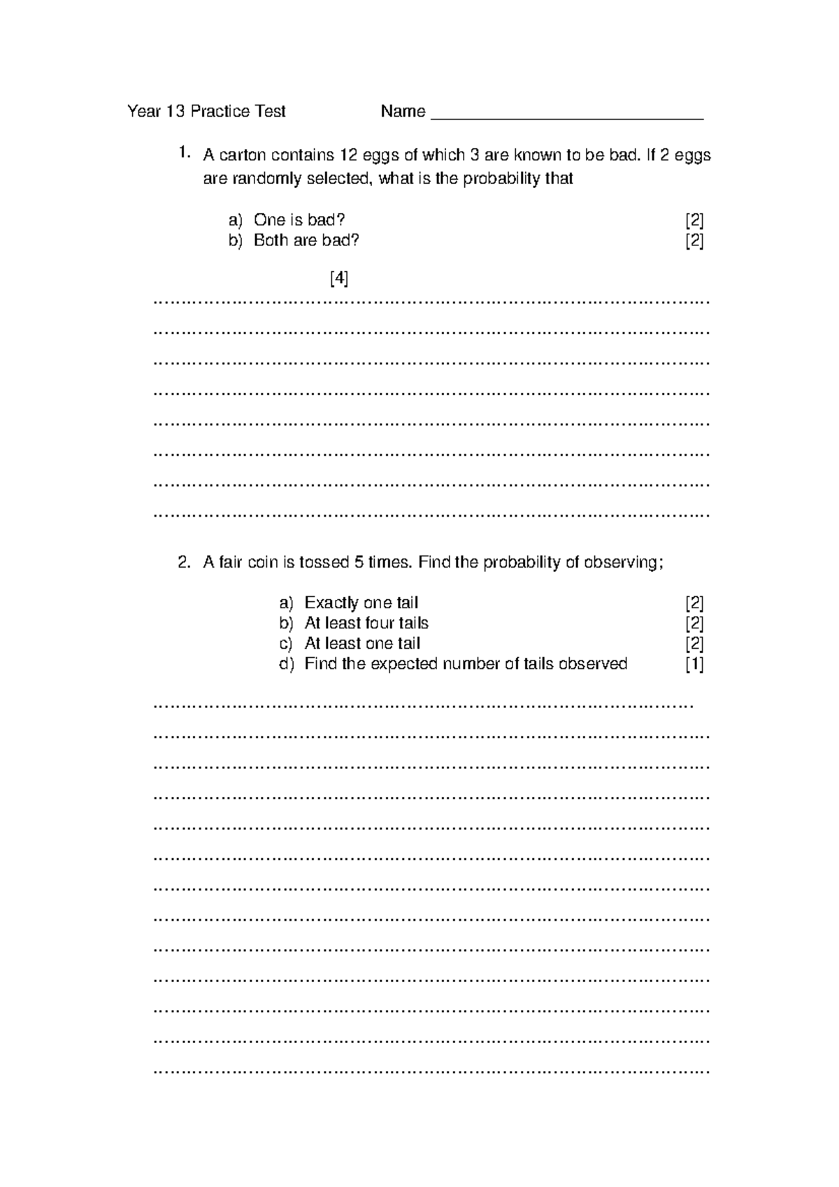 Year 13 practice test probability - Year 13 Practice Test Name