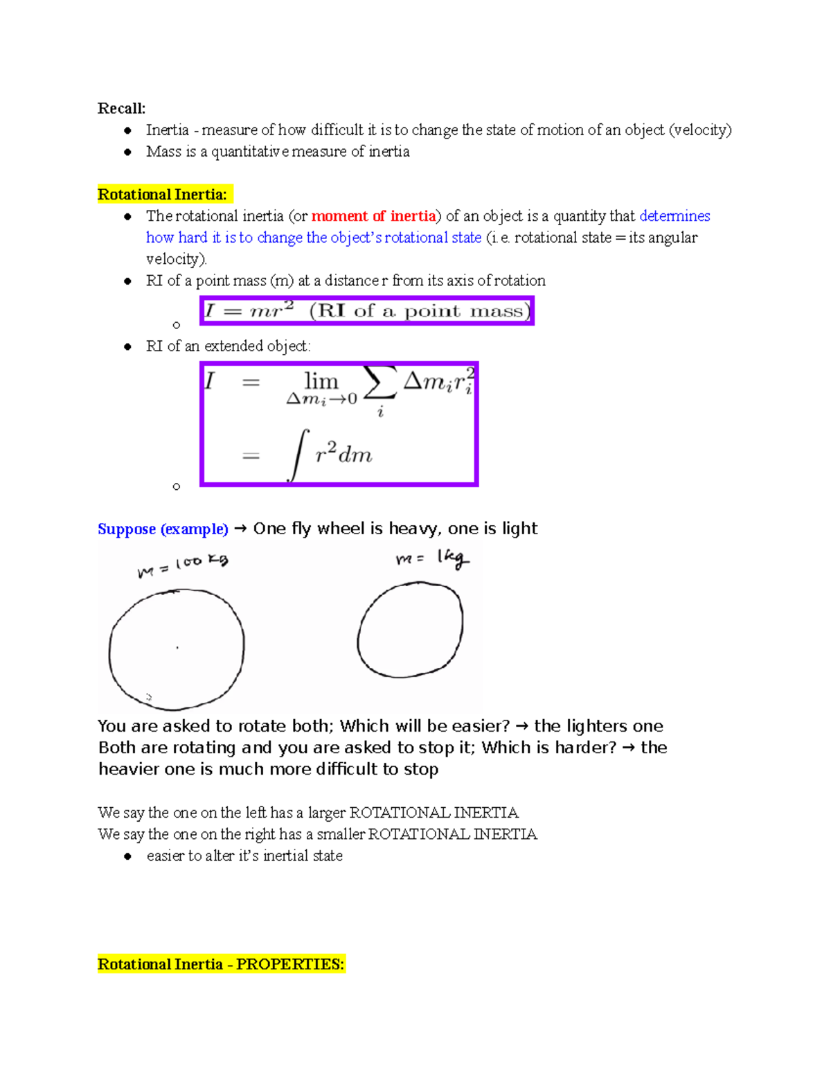 Unit 2 Lecture 7 Rotational Inertia - Recall: Inertia - measure of how difficult it is to change ...