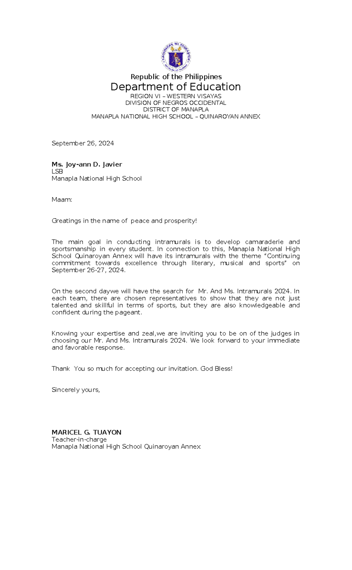 Invitation letter - to invite visitors - Republic of the Philippines ...