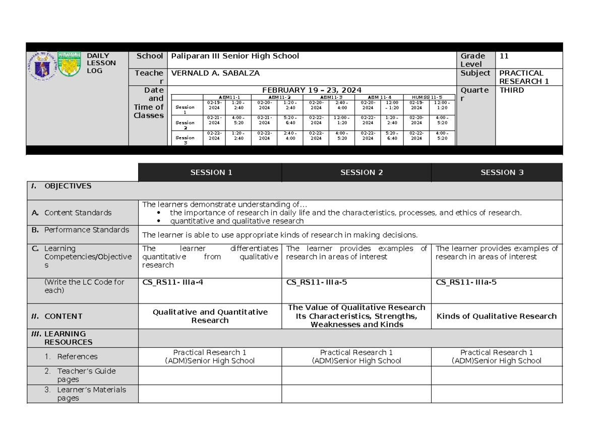 DLL-PR1-Week-3 with Catch UP Friday Integration - DAILY LESSON LOG ...
