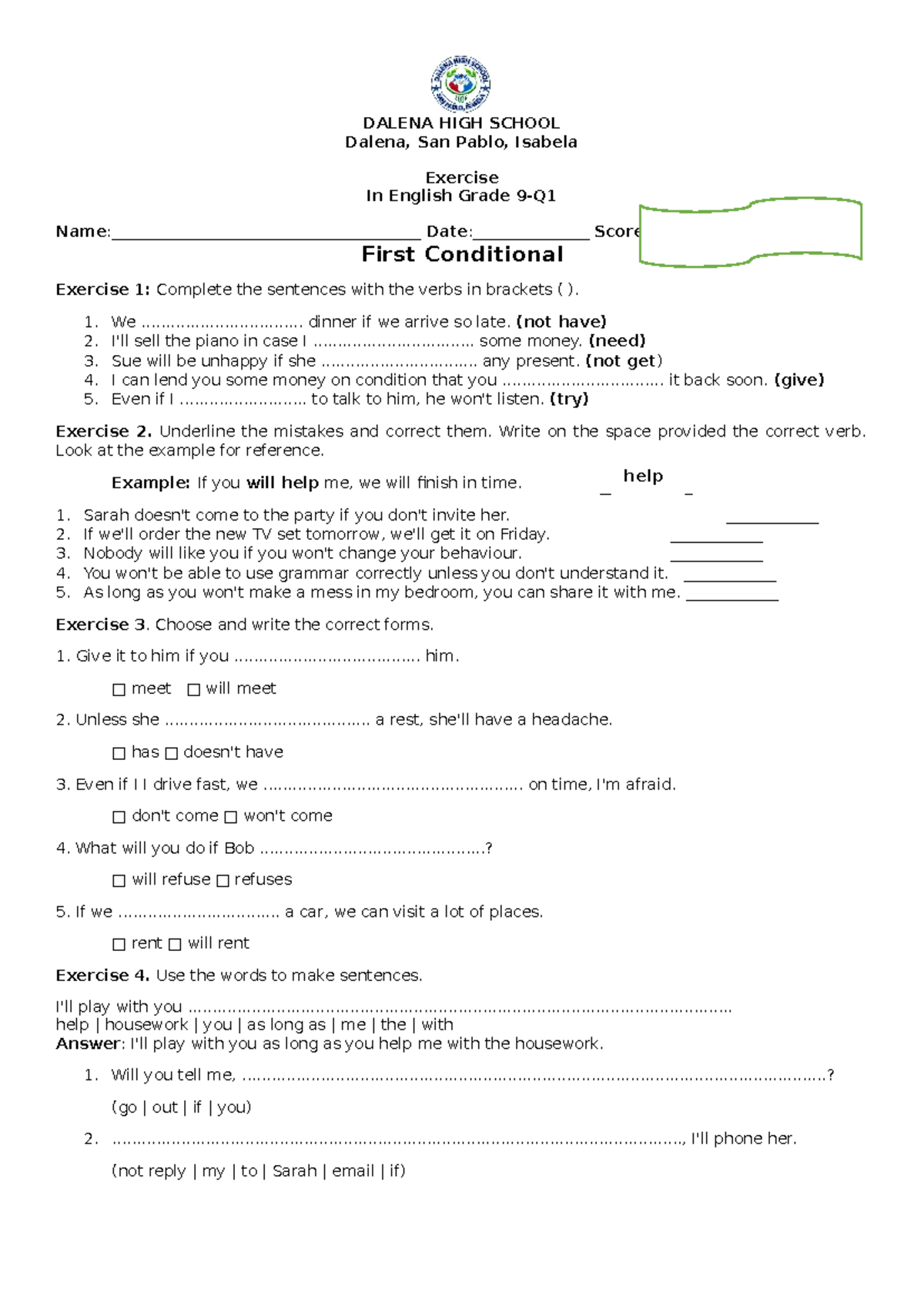 First Conditional Exercise - DALENA HIGH SCHOOL Dalena, San Pablo, Isabela Exercise In English ...