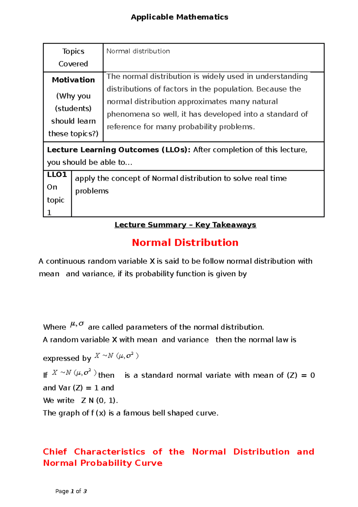Normal Distribution In Applicable Mathematics Applicable Mathematics Topics Covered Normal