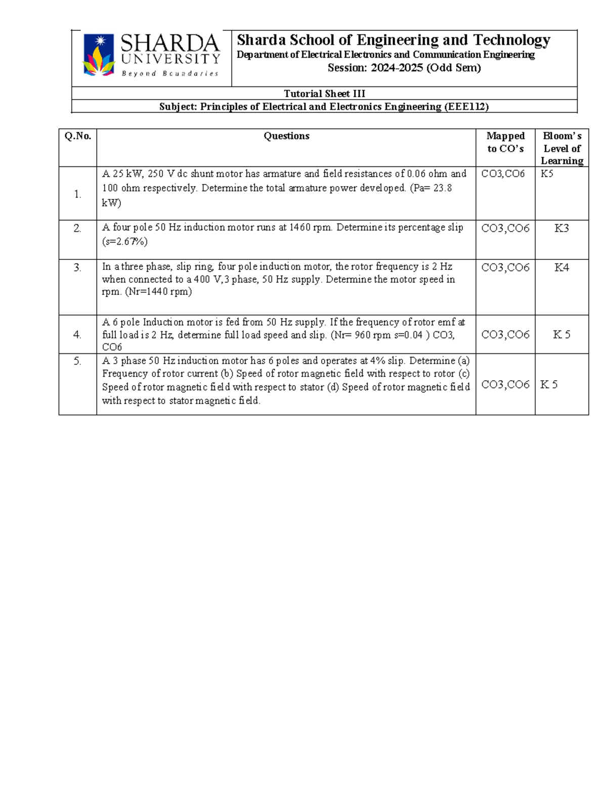 Tutorial sheet 3 - unit 3 - Sharda School of Engineering and Technology Department of Electrical ...