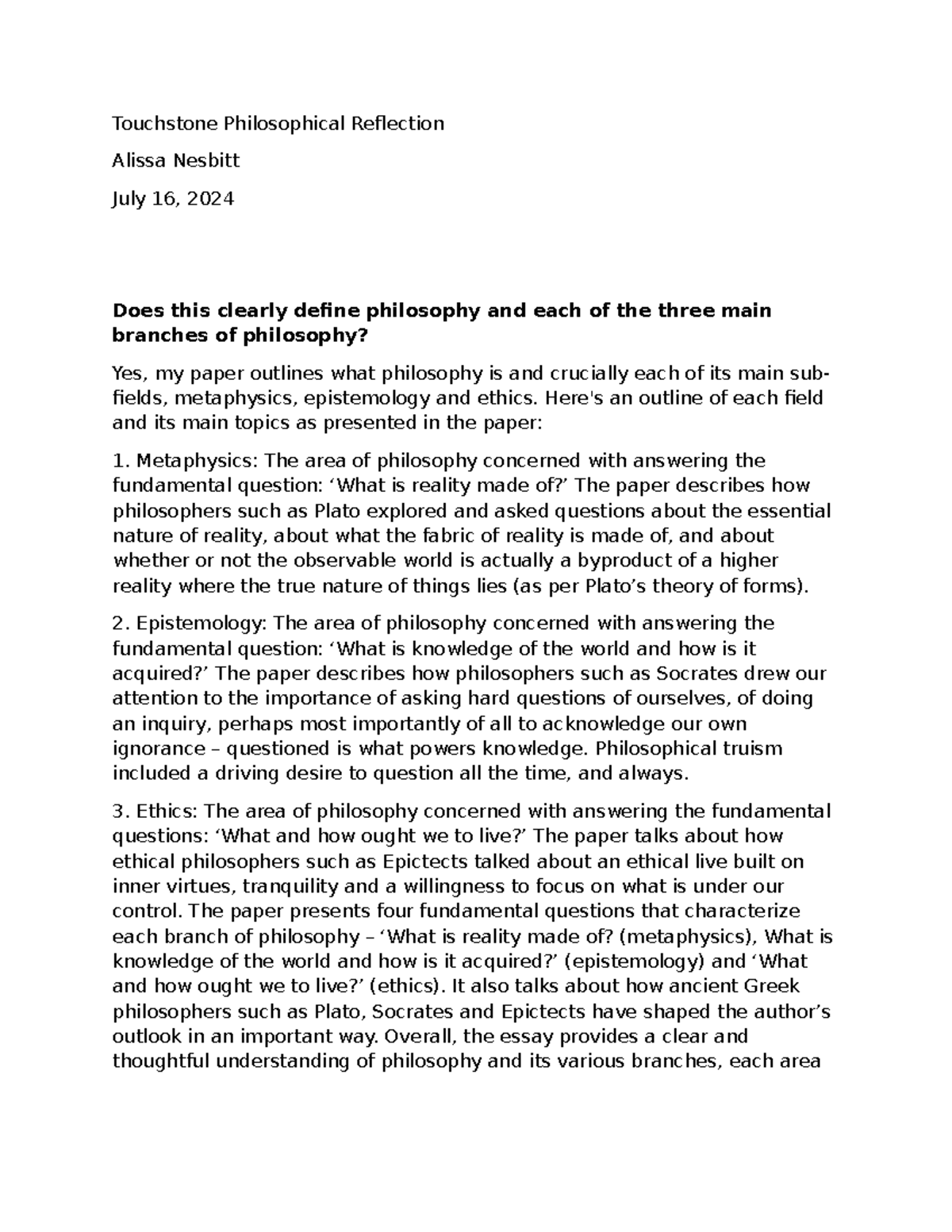 Touchstone 1 - N/A - Touchstone Philosophical Reflection Alissa Nesbitt ...