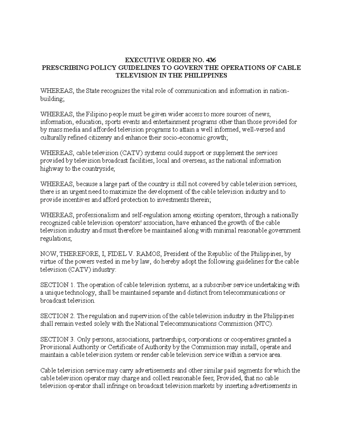 Eo436 - Prescribing Policy Guidelines To Govern The Operations Of Cable ...