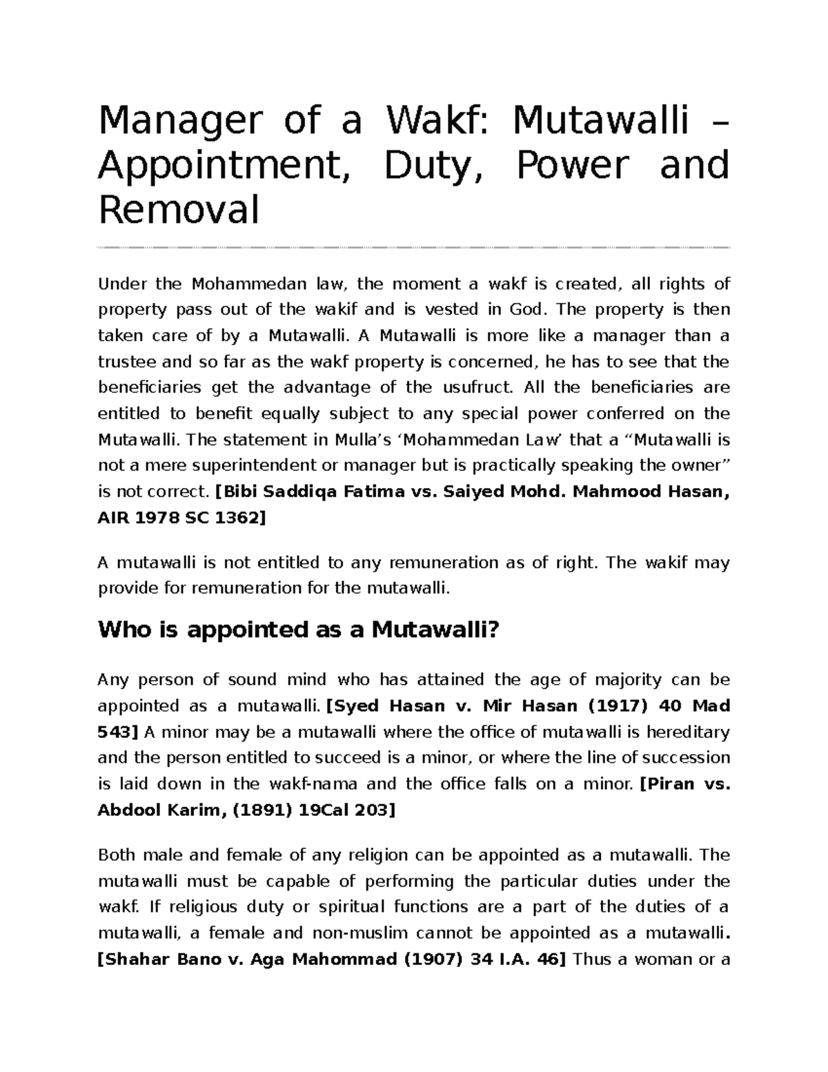 CH-12 Manager of a Wakf Mutawalli – Appointment, Duty, Power and ...