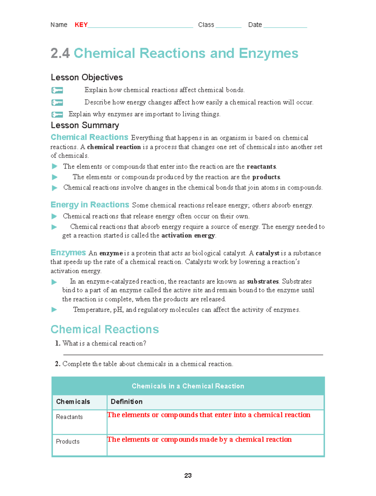 Enzyme WS Answer KEY - Name KEY Class Date 2 Chemical Reactions and ...