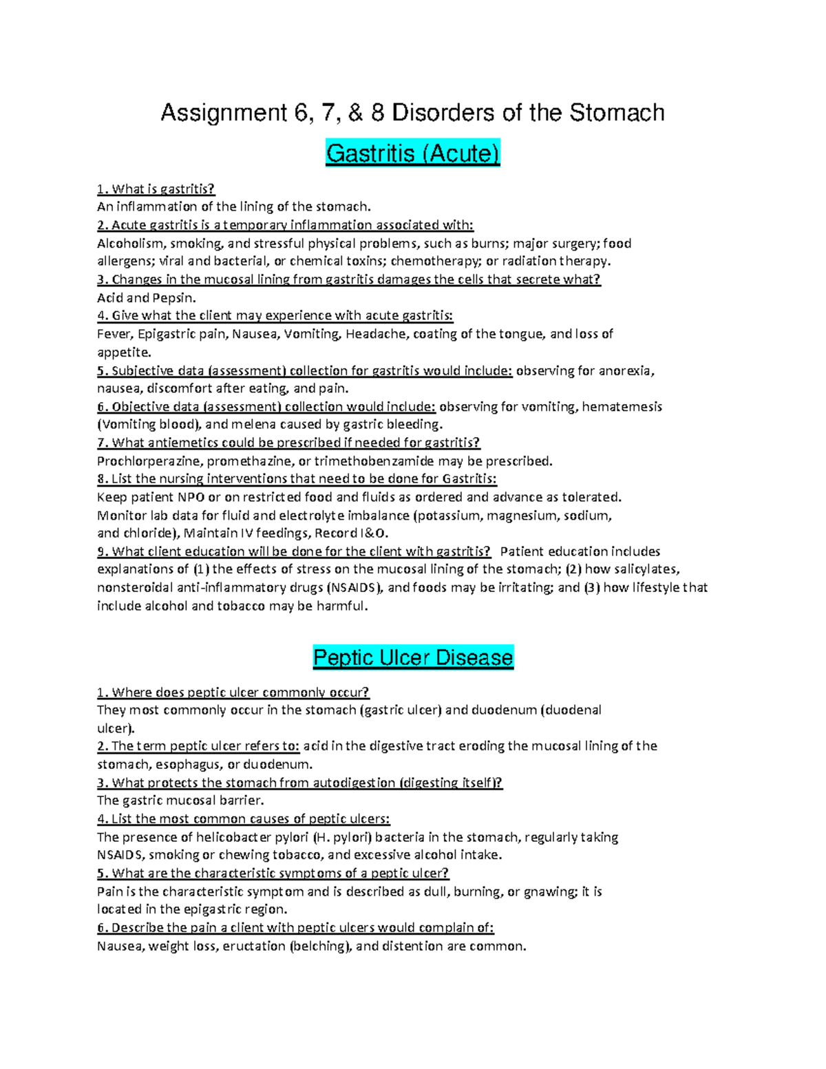 Assignment 6,7,& 8 Disorders of the stomach (1) - Assignment 6, 7, & 8 ...