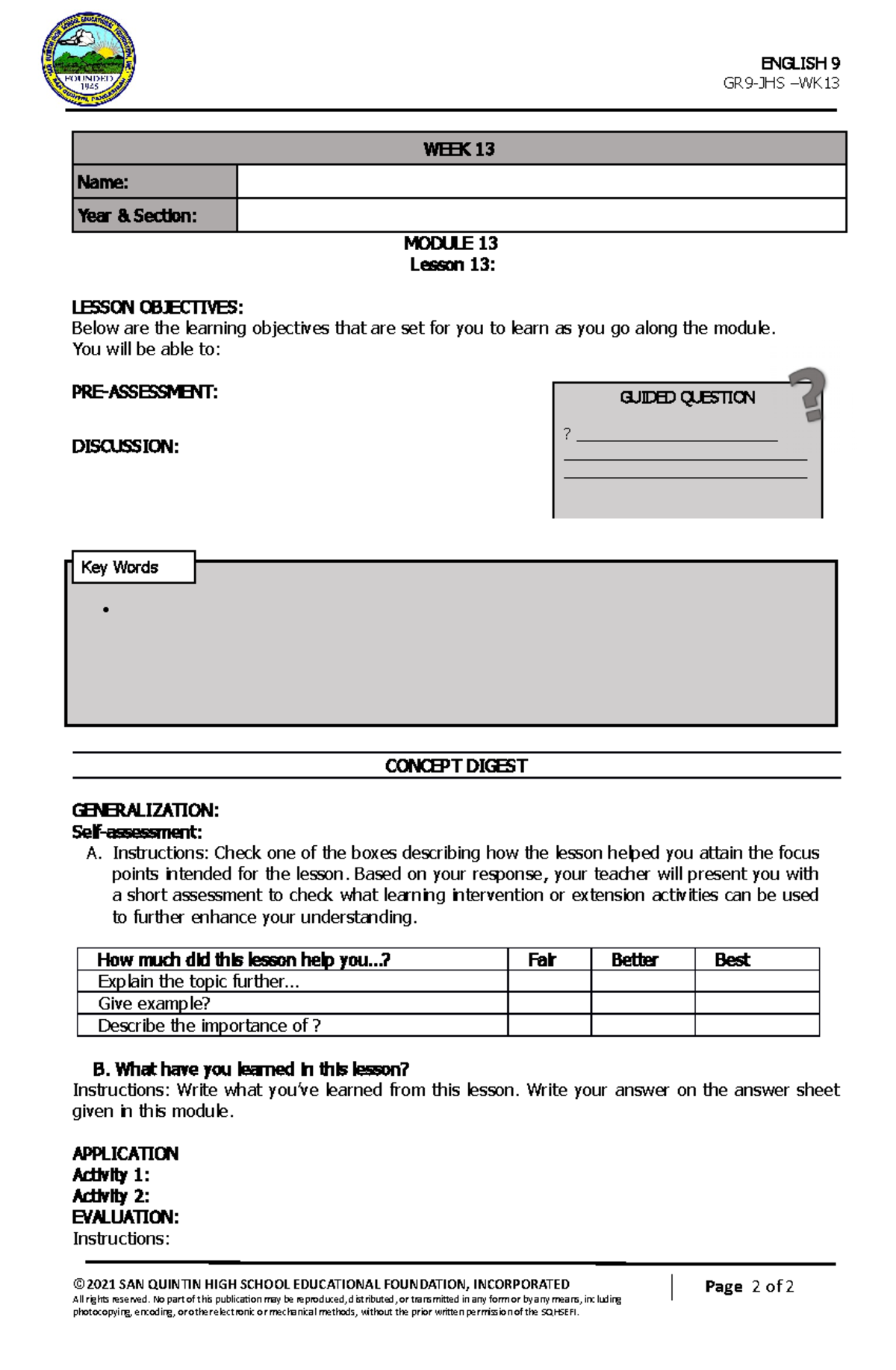 ENG9 Q WEEK - Format - Answer Sheet FOR WEEK 1 & 2 for modules grade 9 ...