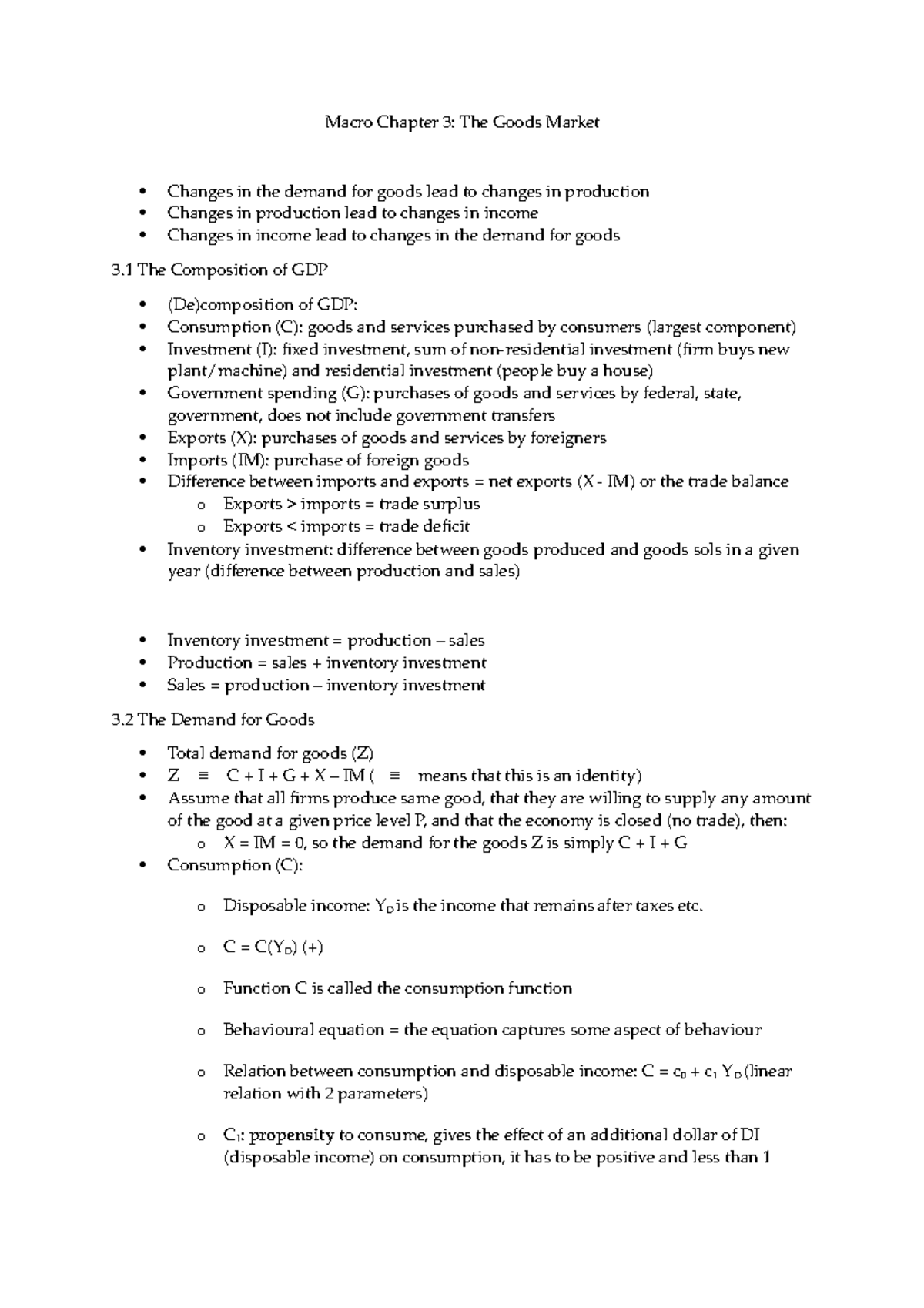 Macroeconomics Chapter 3 summary - Macro Chapter 3: The Goods Market ...