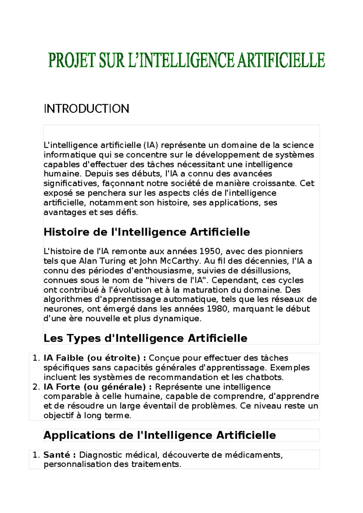 AI - projets - INTRODUCTION L'intelligence artificielle (IA) représente ...