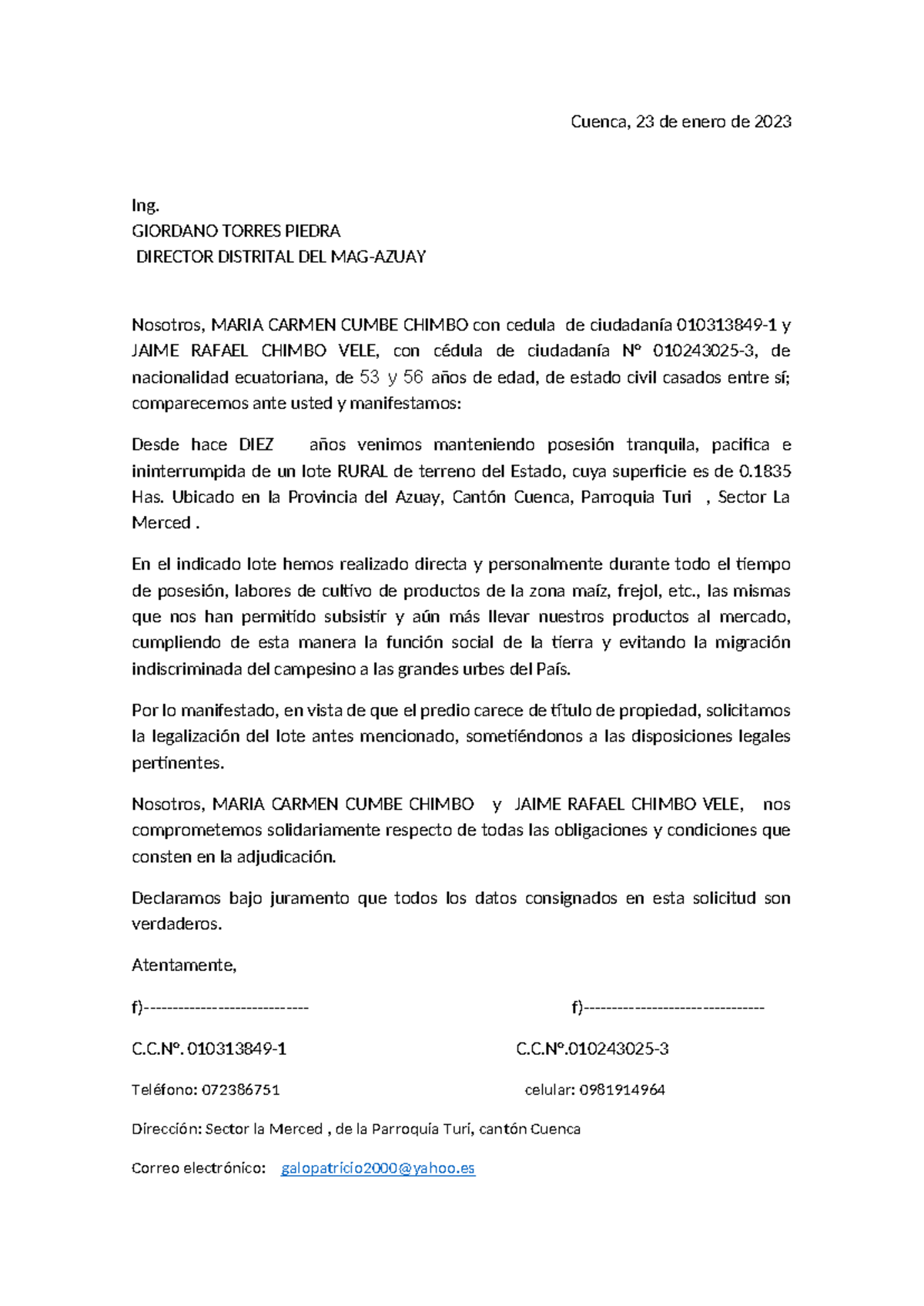 Cuenca Solicitud maria cumbe - Cuenca, 23 de enero de 2023 Ing ...