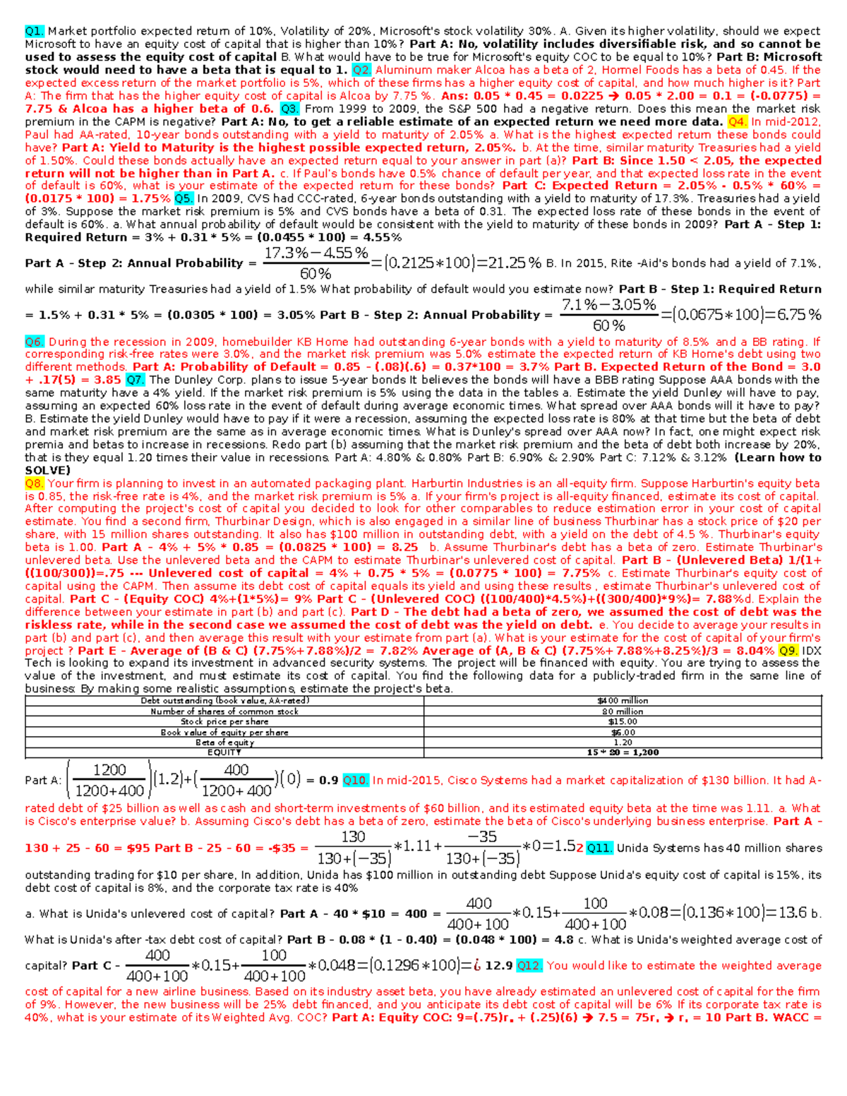 Cheat Sheet Exam 2 - Summary corporate finance - Q1. Market portfolio ...
