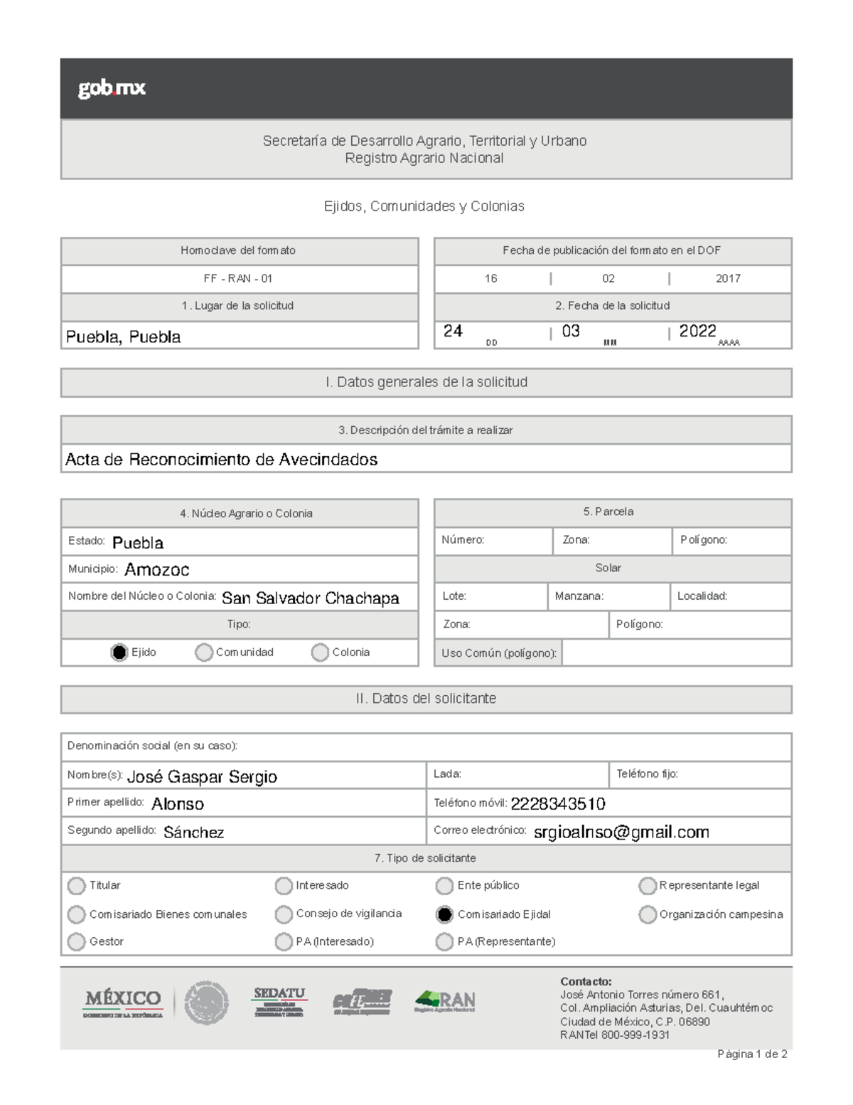 FF-RAN-01 con instructivo - Secretaría de Desarrollo Agrario ...