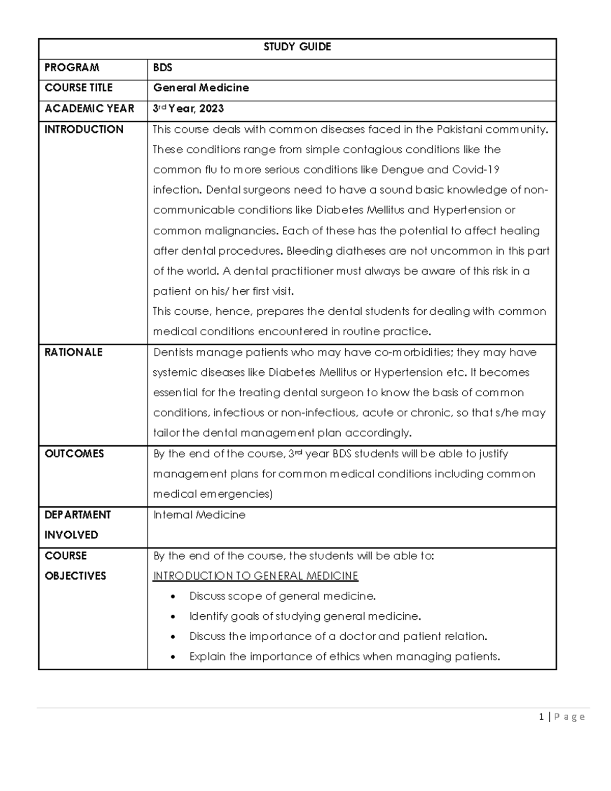 BDS Study guide General Medicine-i - STUDY GUIDE PROGRAM BDS COURSE ...