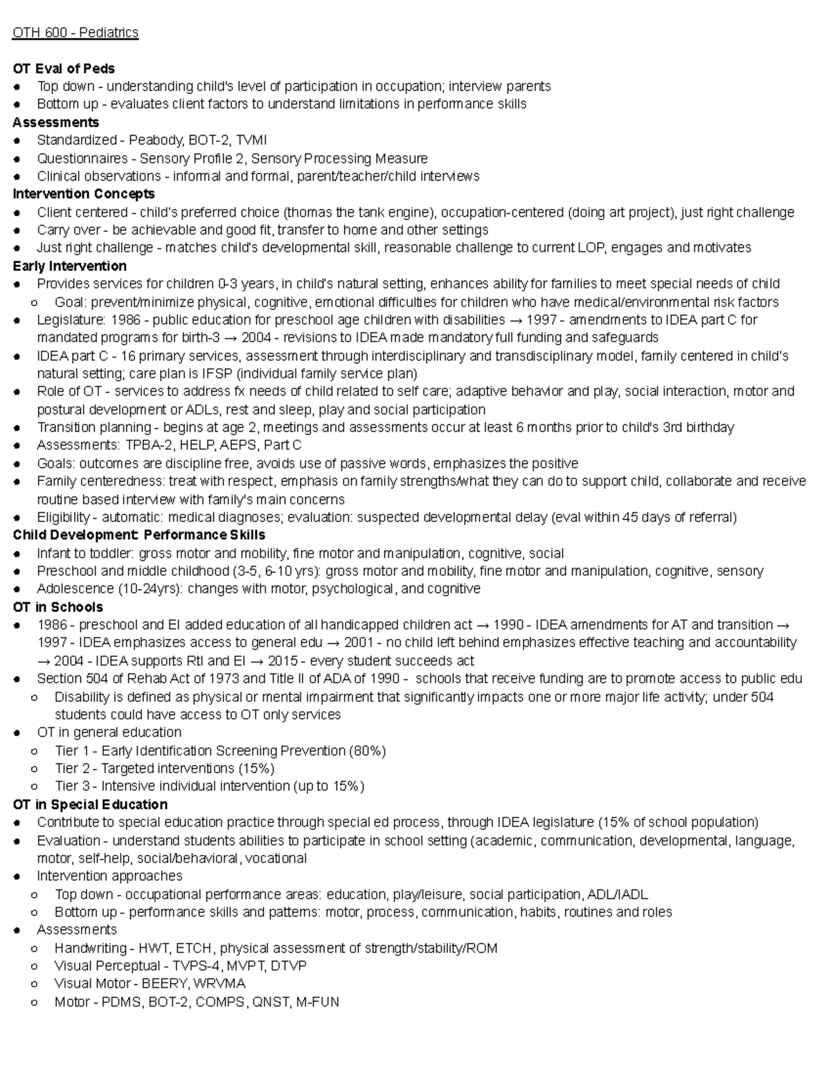 OTH 600 - notes - Dr Robertson - OTH 600 - Pediatrics OT Eval of Peds ...