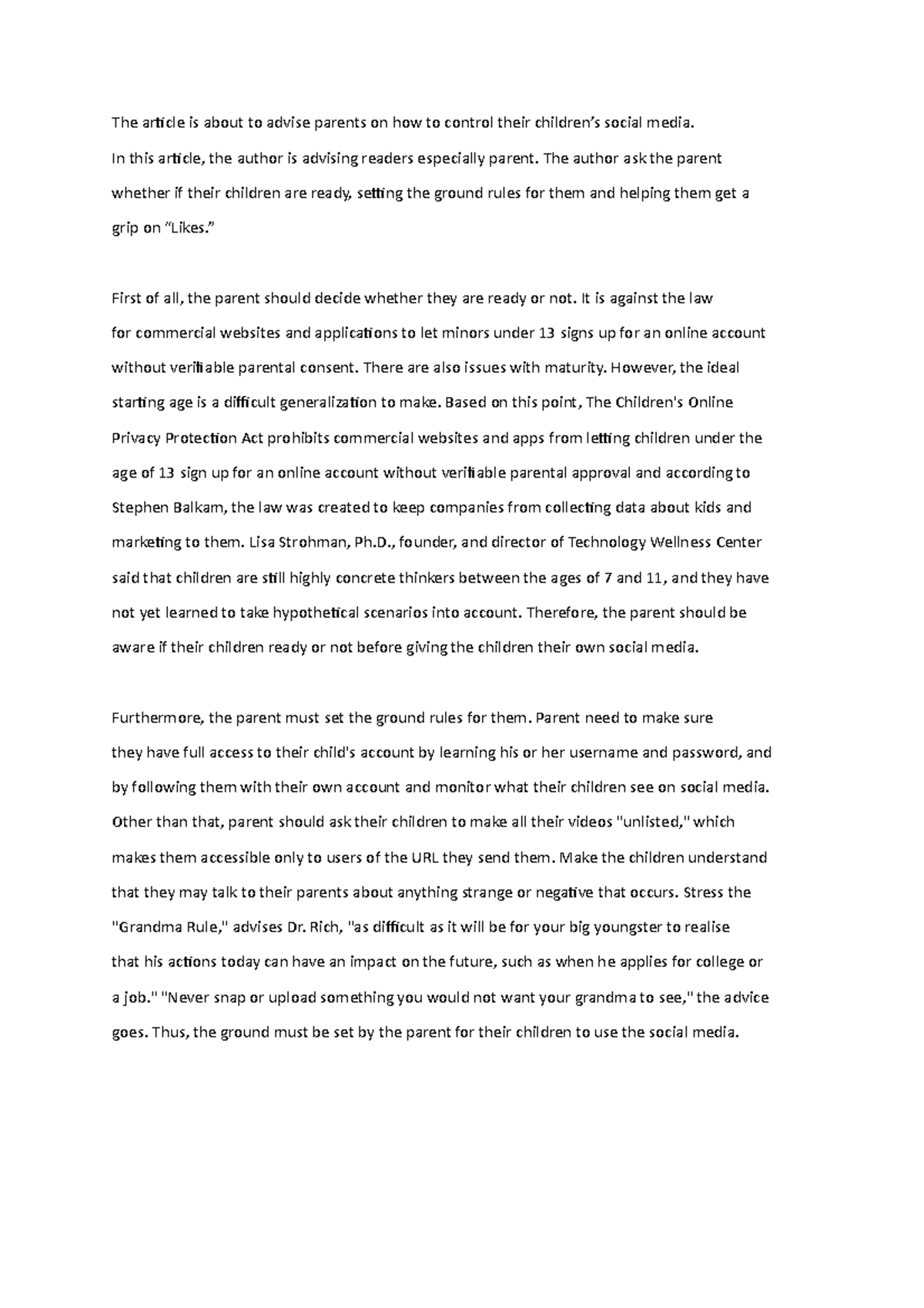 Essay - The article is about to advise parents on how to control their ...